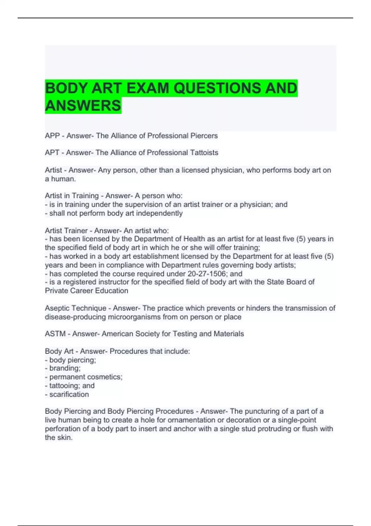 BODY ART EXAM QUESTIONS AND ANSWERS 2024 / GERADED A - Tattoo/Body ...