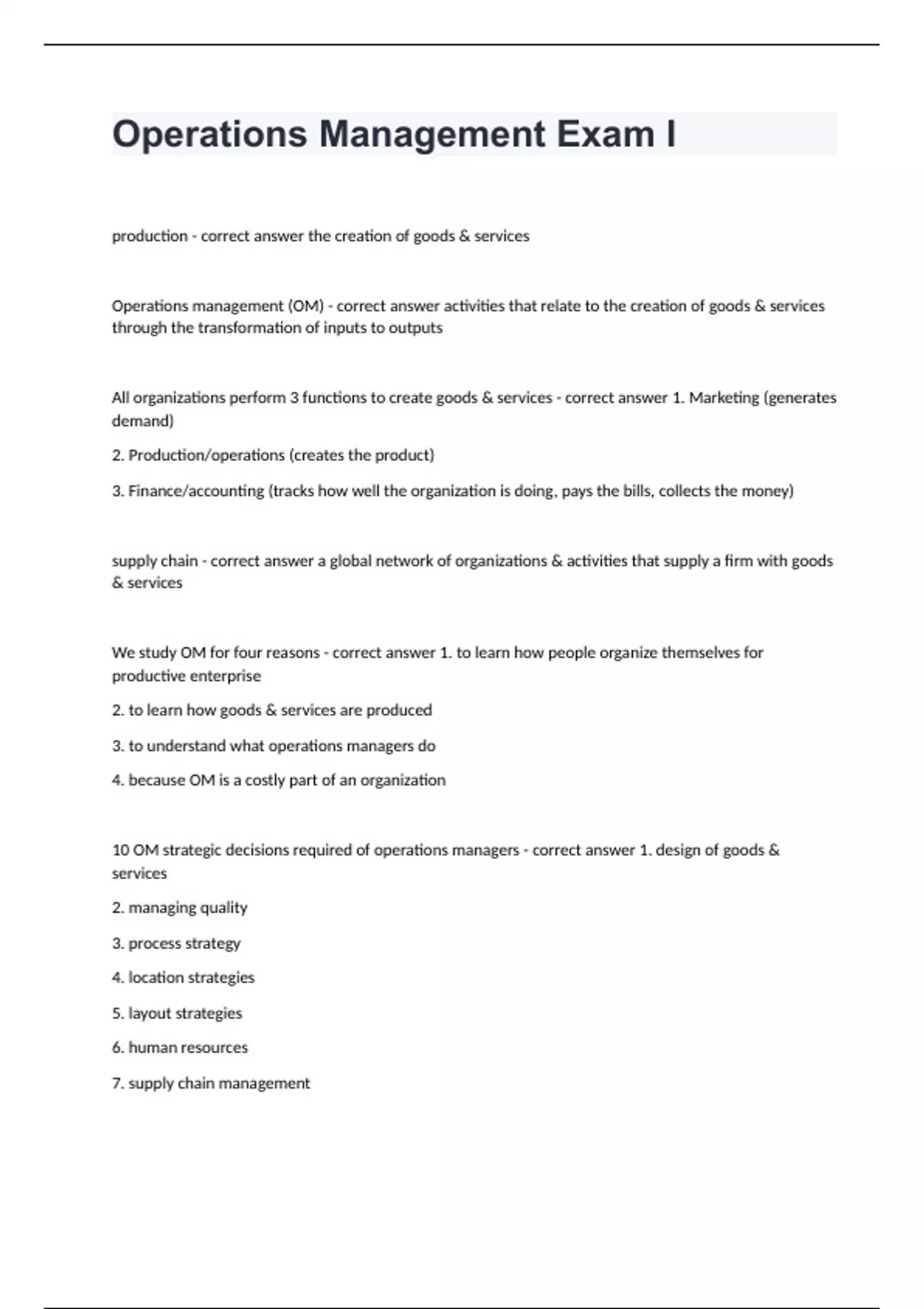 Operations Management Exam I questions and complete correct answers ...
