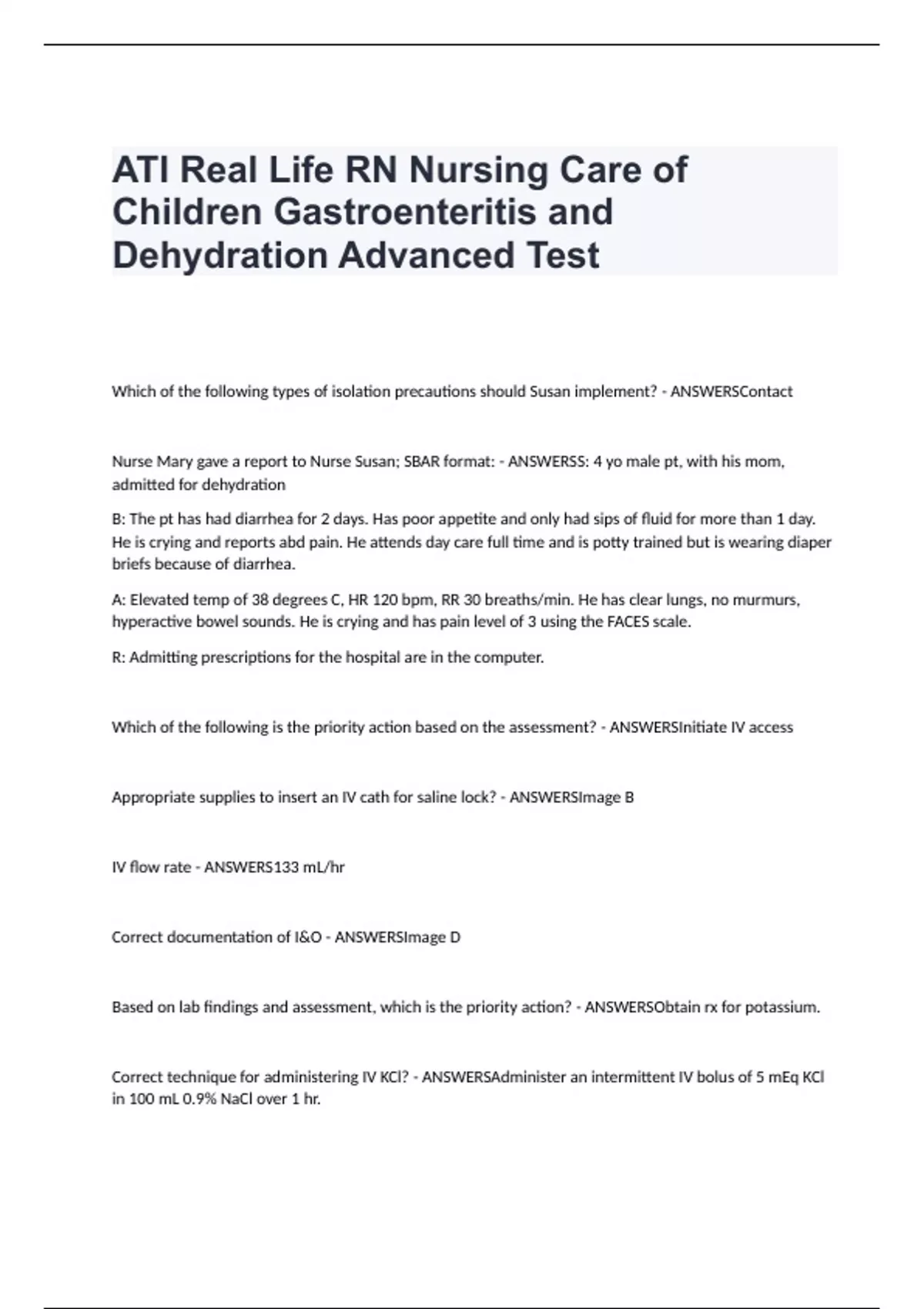 ATI Real Life RN Nursing Care of Children Gastroenteritis and ...