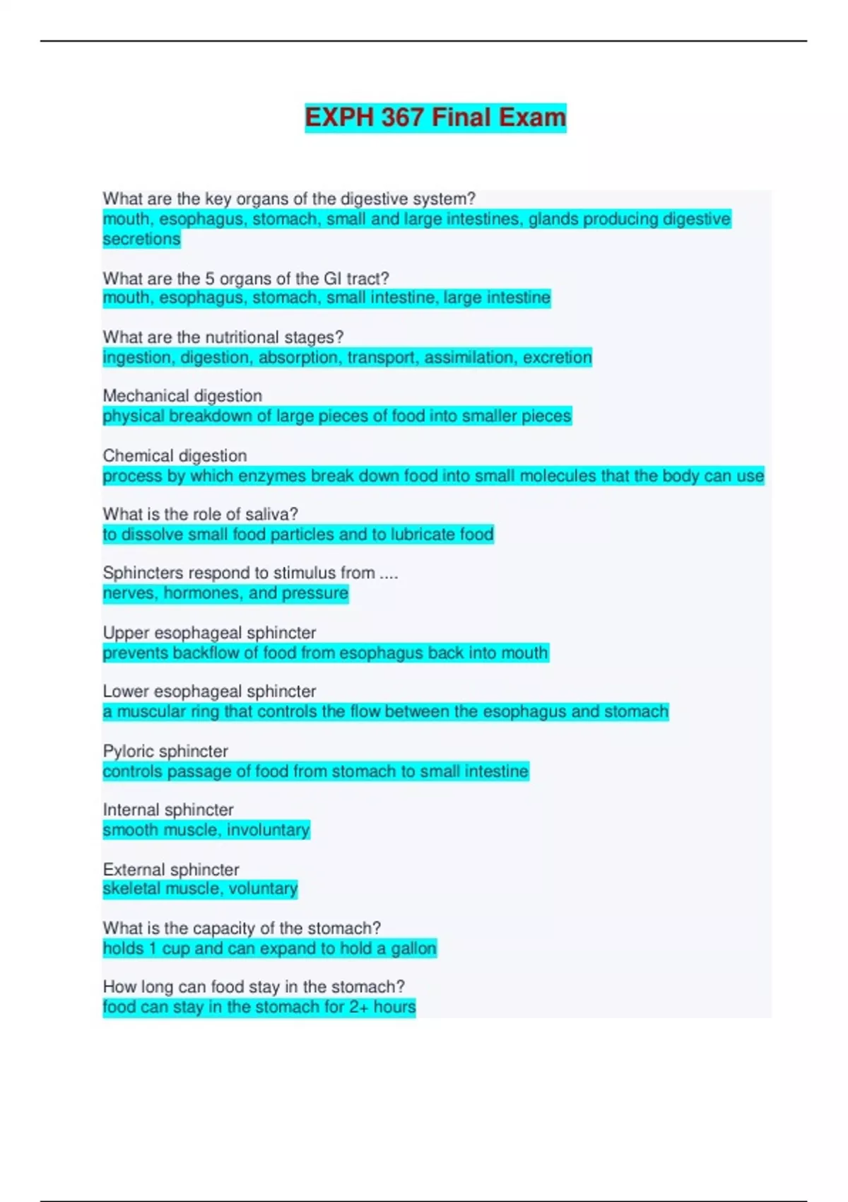 EXPH 367 Final Exam - Questions with Verified Answers - EXPH 367 - Stuvia US