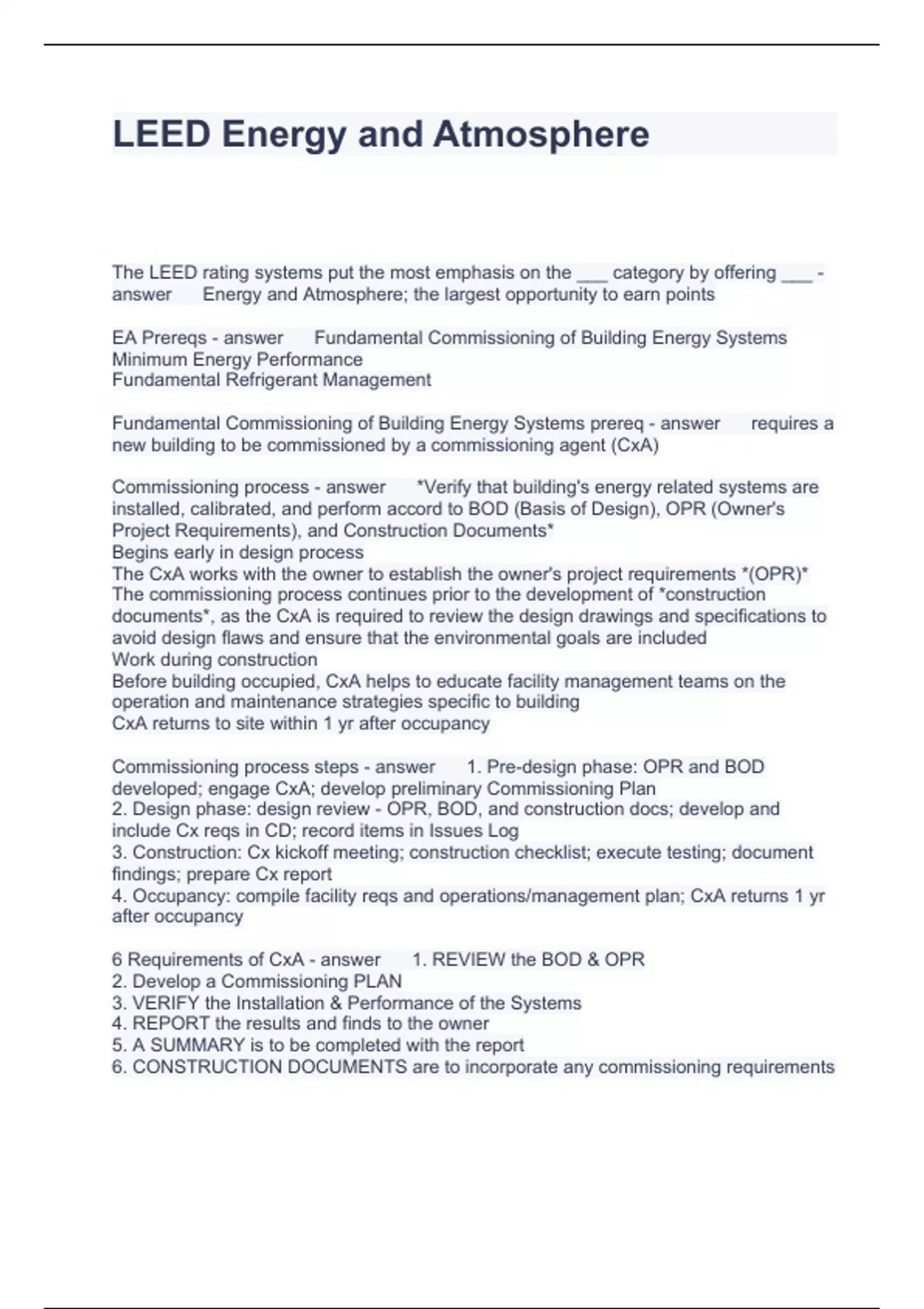 LEED Energy and Atmosphere Questions with correct Answers 2024 - CXA ...