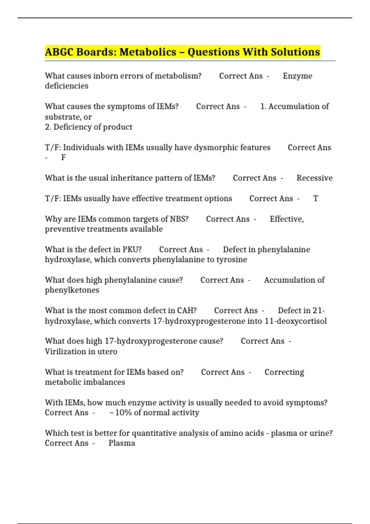 ABGC Boards: Metabolics – Questions With Solutions - ABGC - Stuvia US