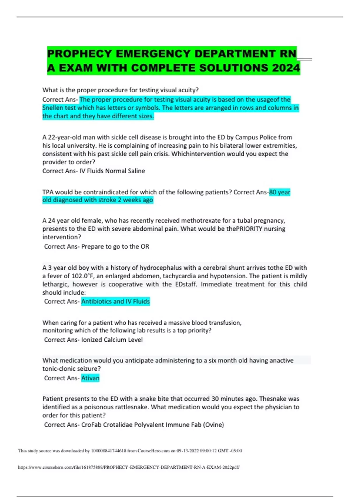 PROPHECY EMERGENCY DEPARTMENT RN A EXAM WITH COMPLETE SOLUTIONS 2024 ...