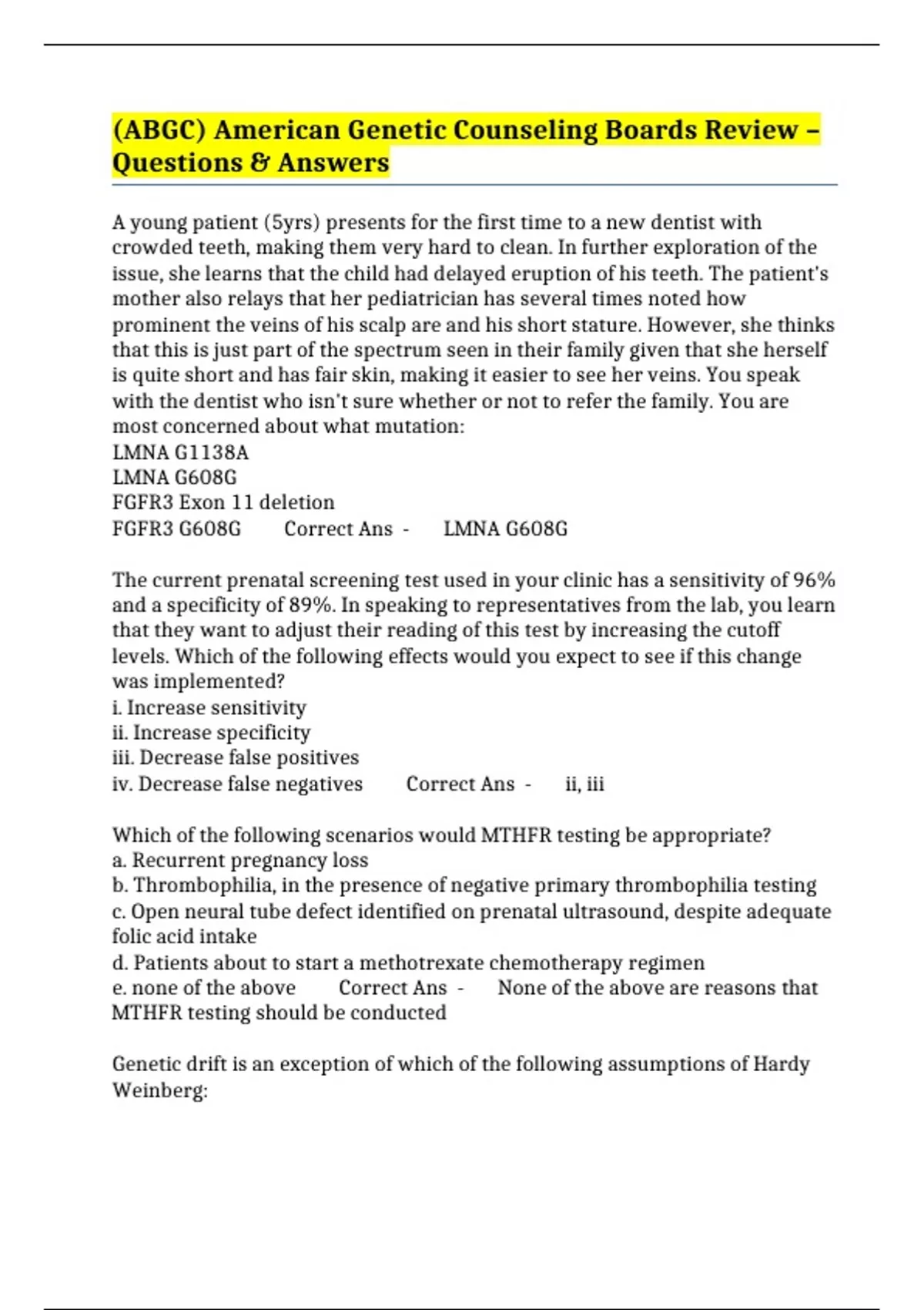 (ABGC) American Genetic Counseling Boards Review – Questions & Answers ...