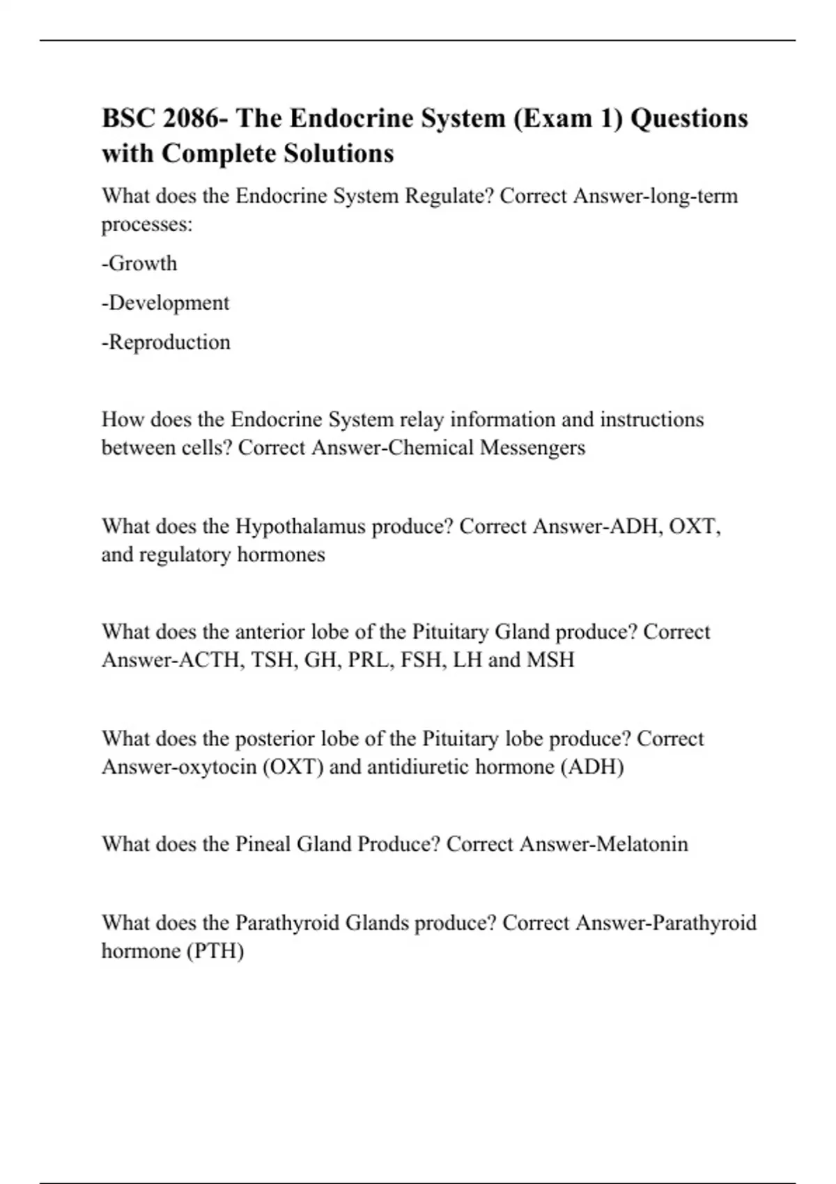 BSC 2086- The Endocrine System (Exam 1) Questions with Complete ...