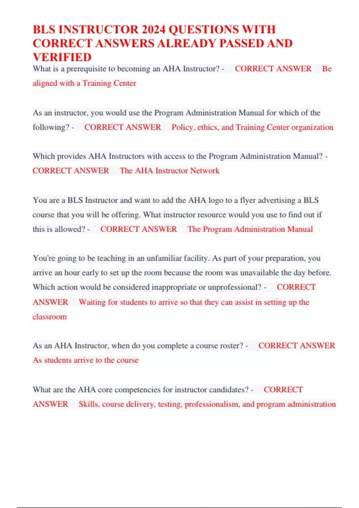 UPDATED 2025/2026 BLS INSTRUCTOR QUESTIONS WITH CORRECT ANSWERS ALREADY ...