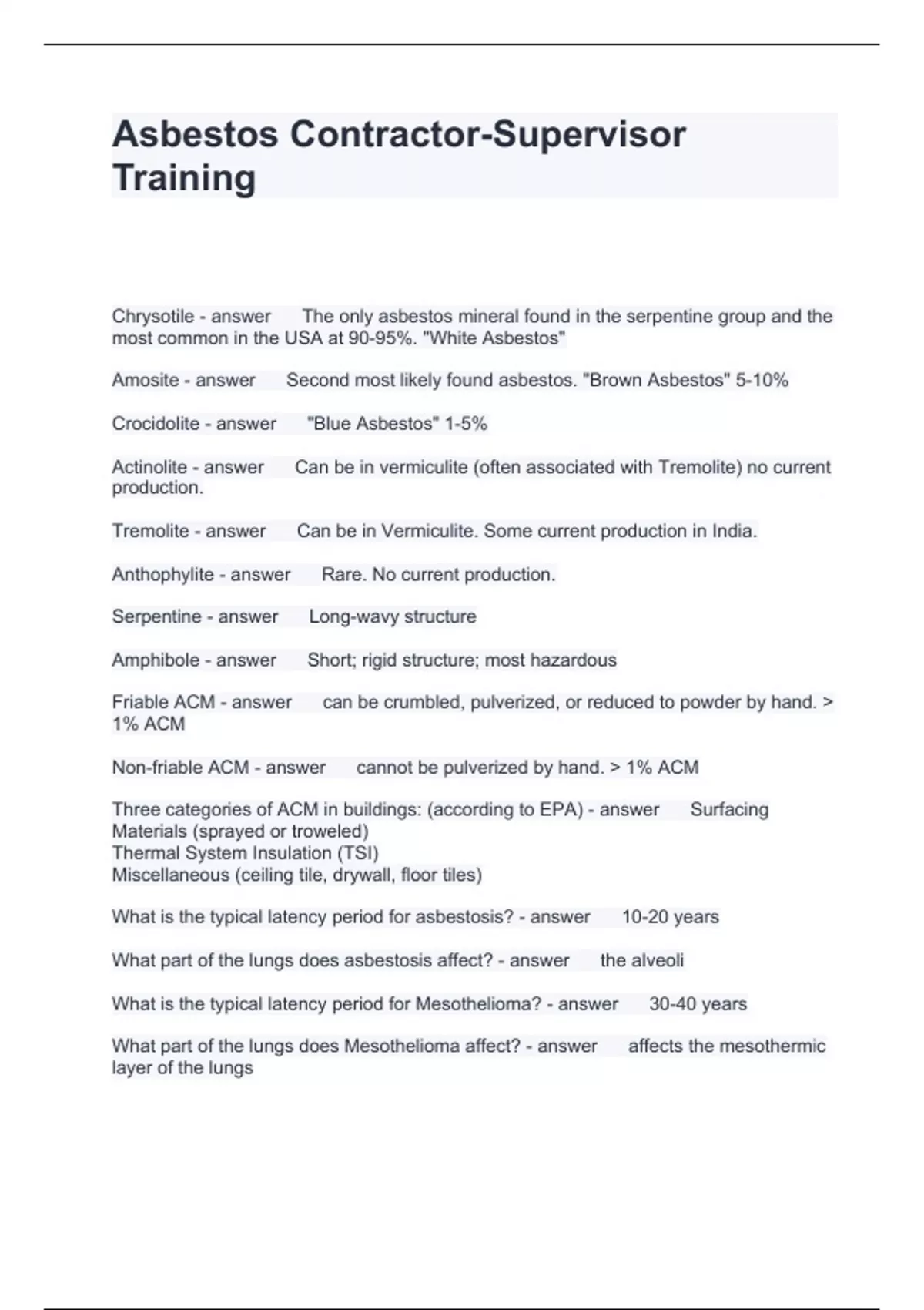 Asbestos Contractor-Supervisor Training Questions and Answers 100% ...