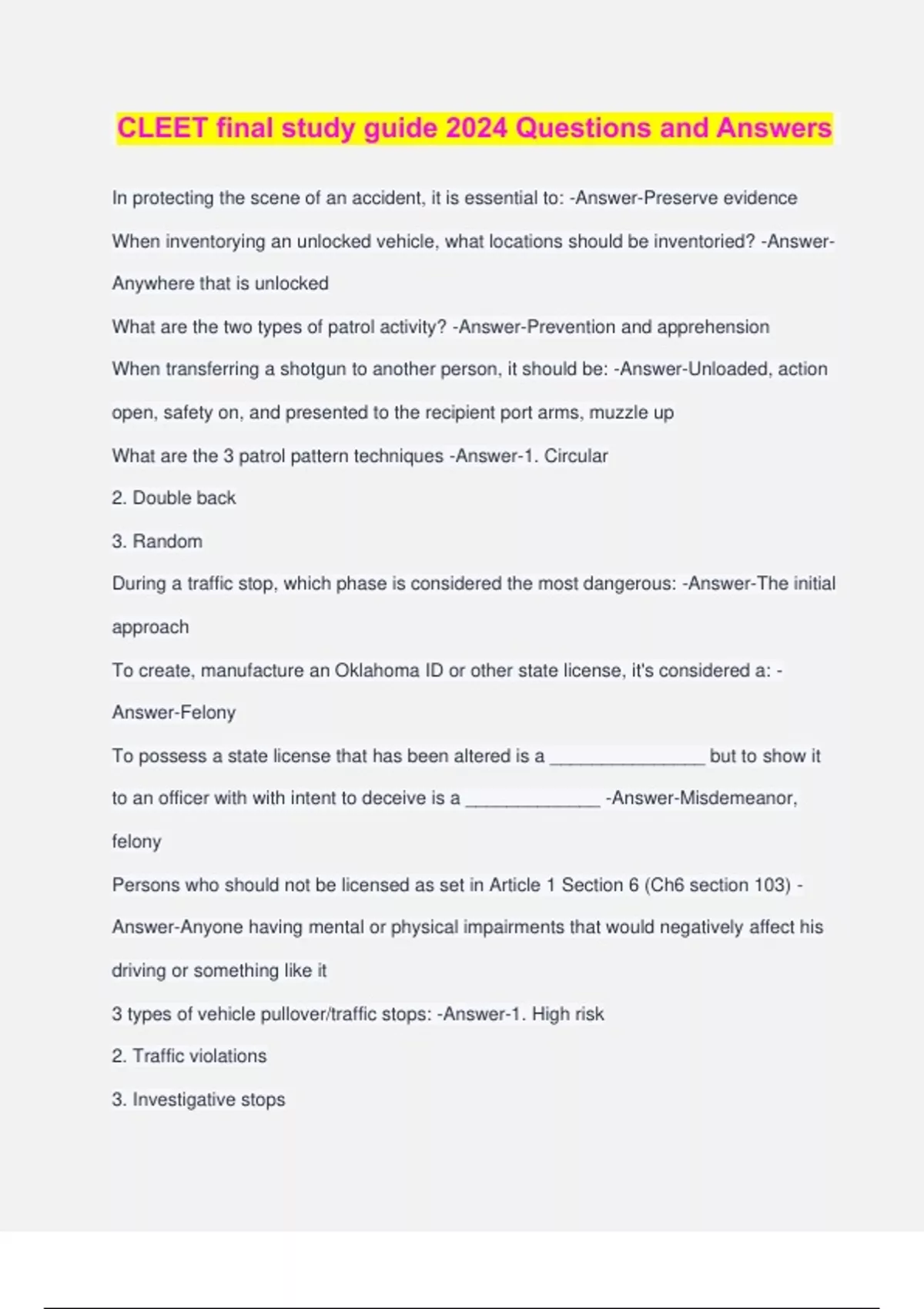 CLEET final study guide 2024 Questions and Answers - CLEET - Stuvia US