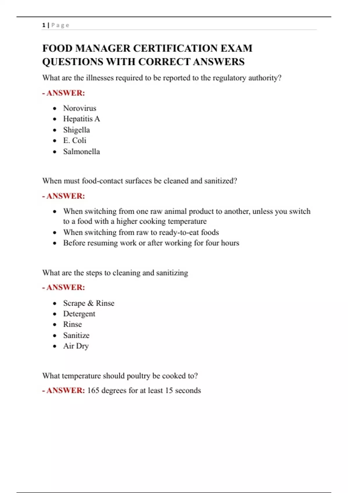 FOOD MANAGER CERTIFICATION EXAM QUESTIONS WITH CORRECT ANSWERS - FOOD ...