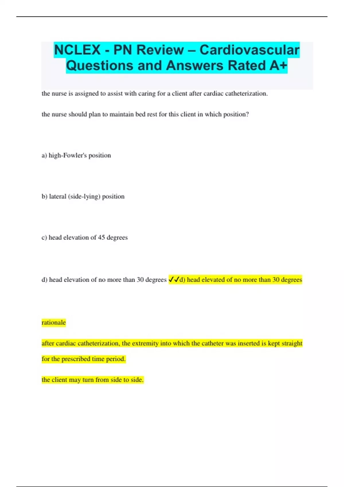 NCLEX - PN Review – Cardiovascular Questions and Answers Rated A+ ...