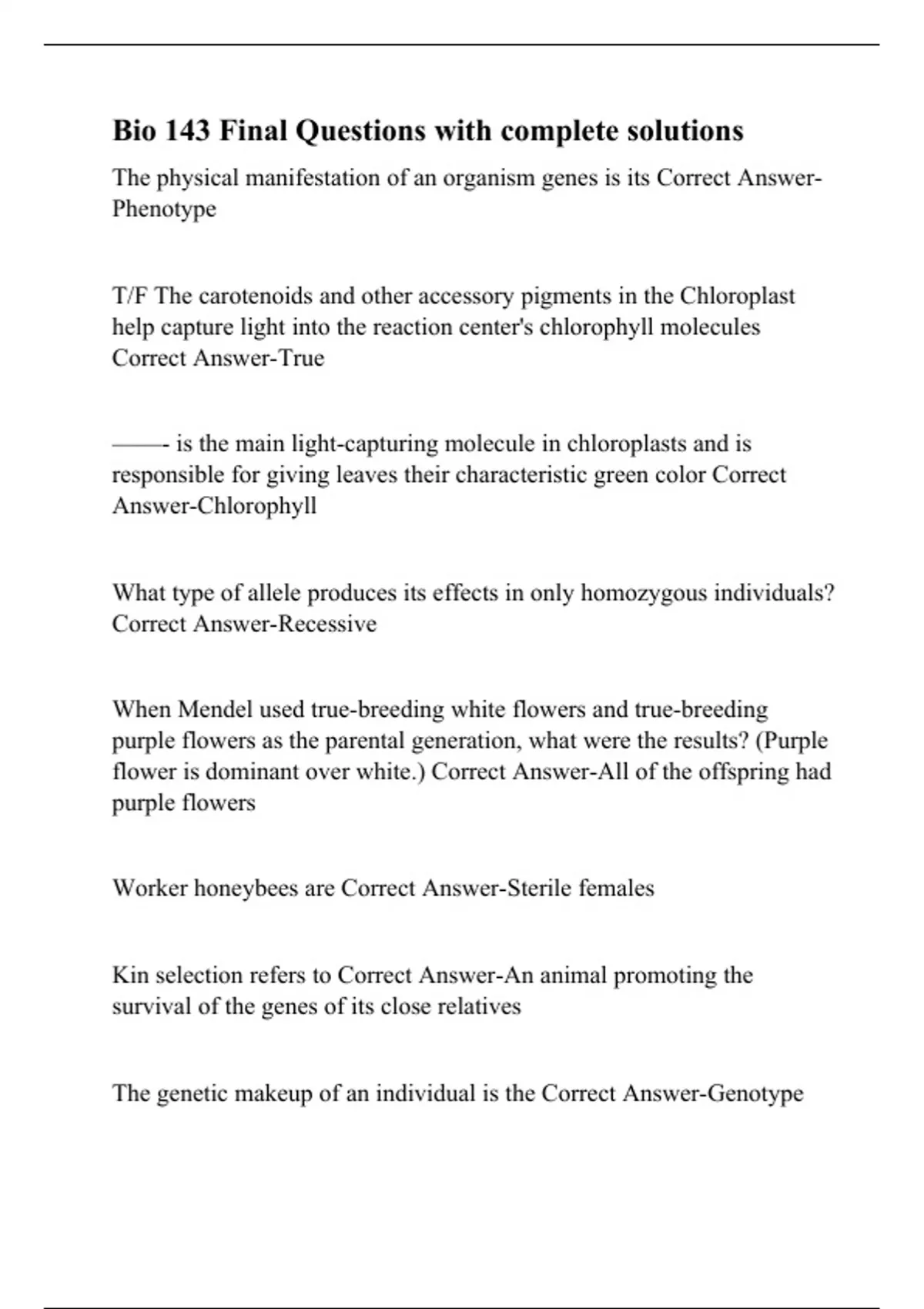 Bio 143 Final Questions with complete solutions. - Biol 143 - Stuvia US