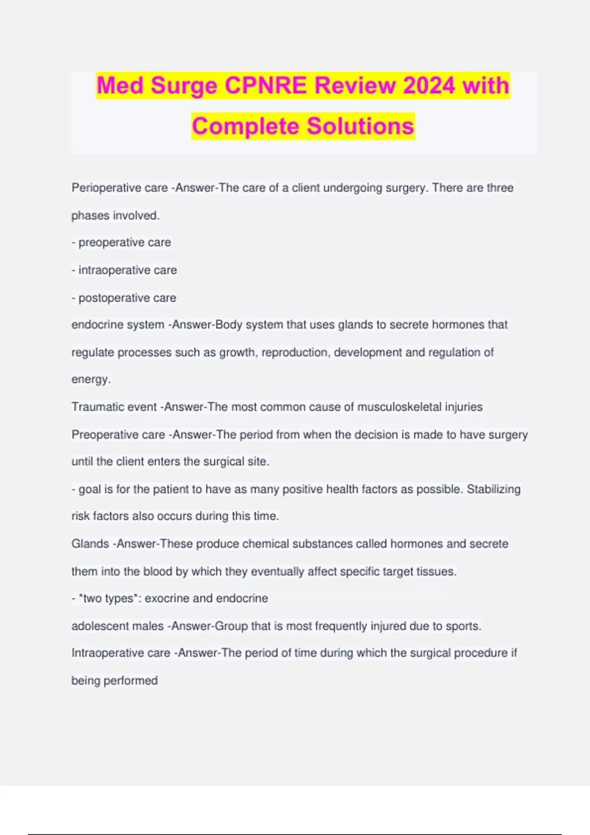 Med Surge CPNRE Review 2024 with Complete Solutions - CPNRE - Stuvia US