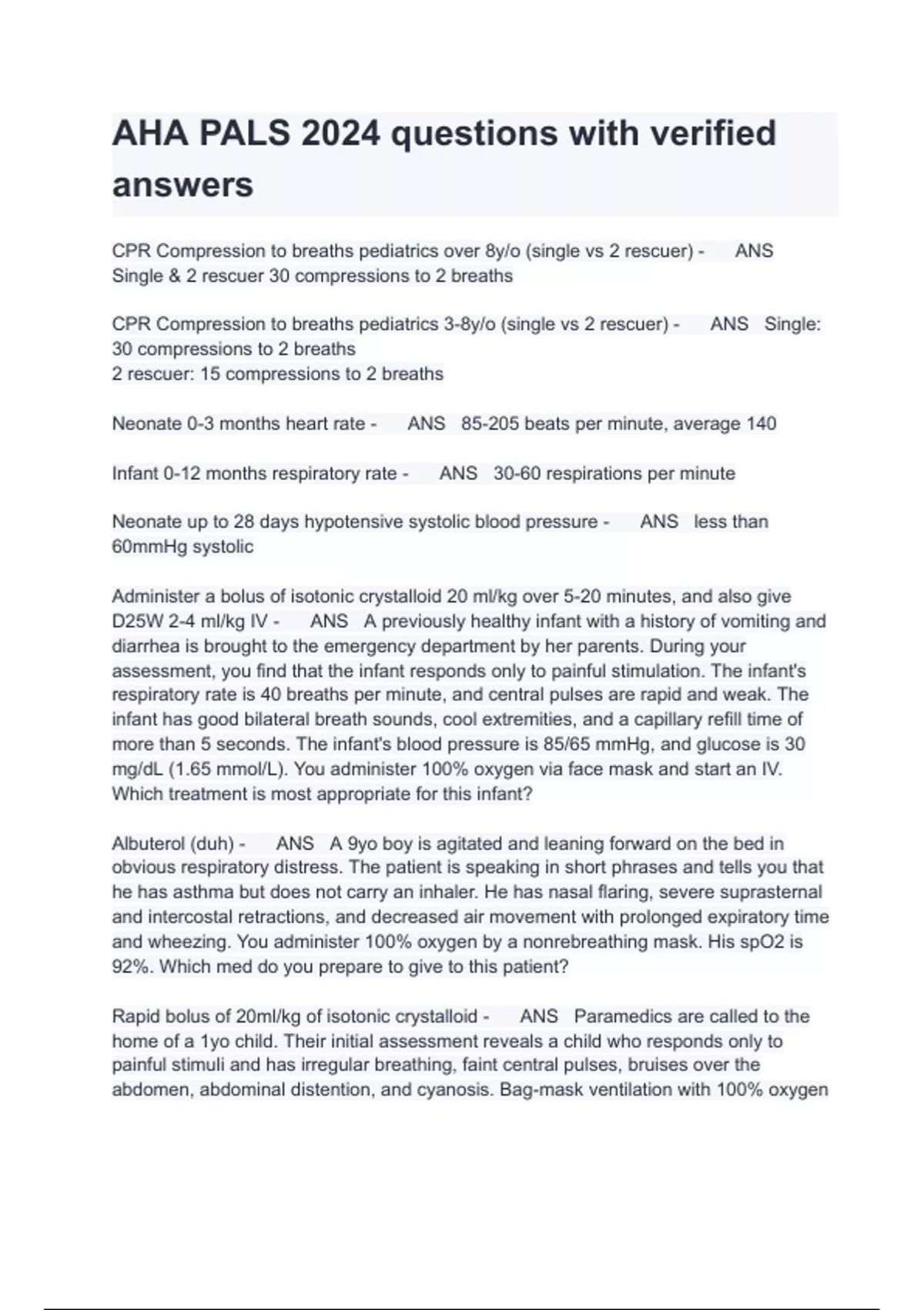 AHA PALS 2024 questions with verified answers - AHA PALS - Stuvia US