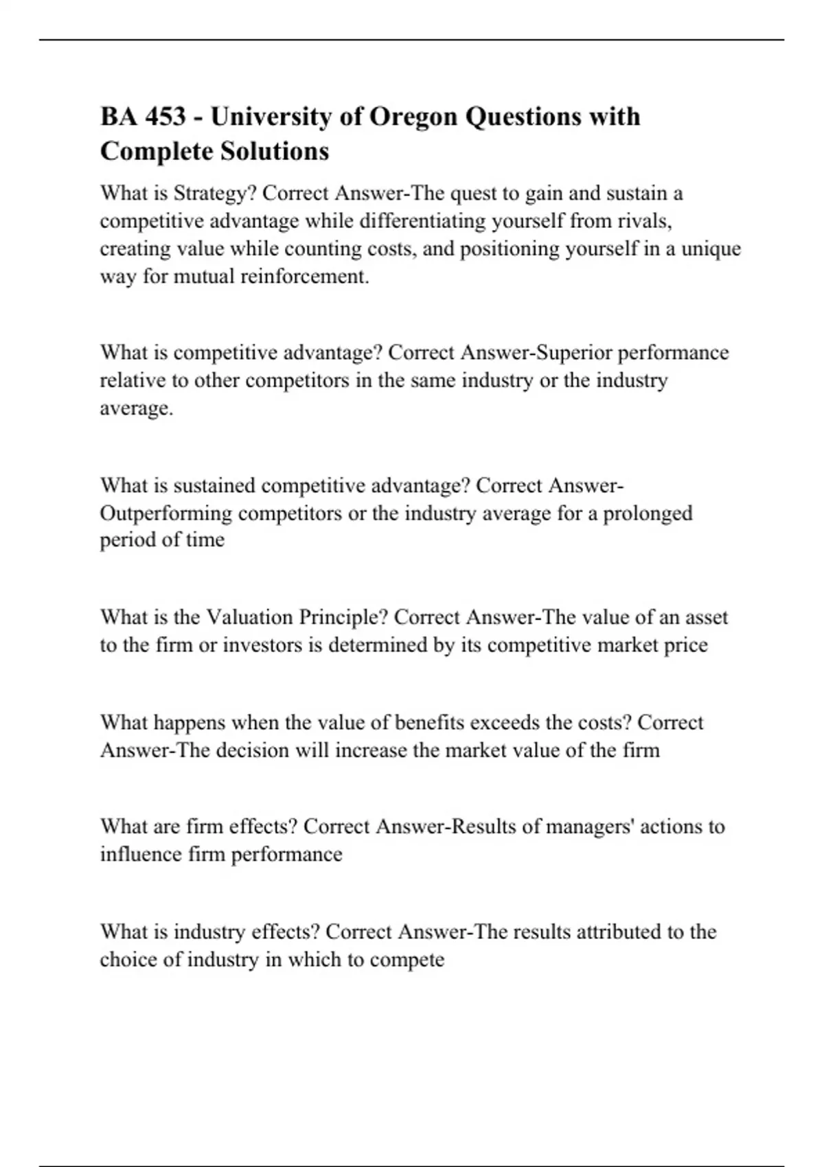 BA 453 - University of Oregon Questions with Complete Solutions - BA 453 - Stuvia US