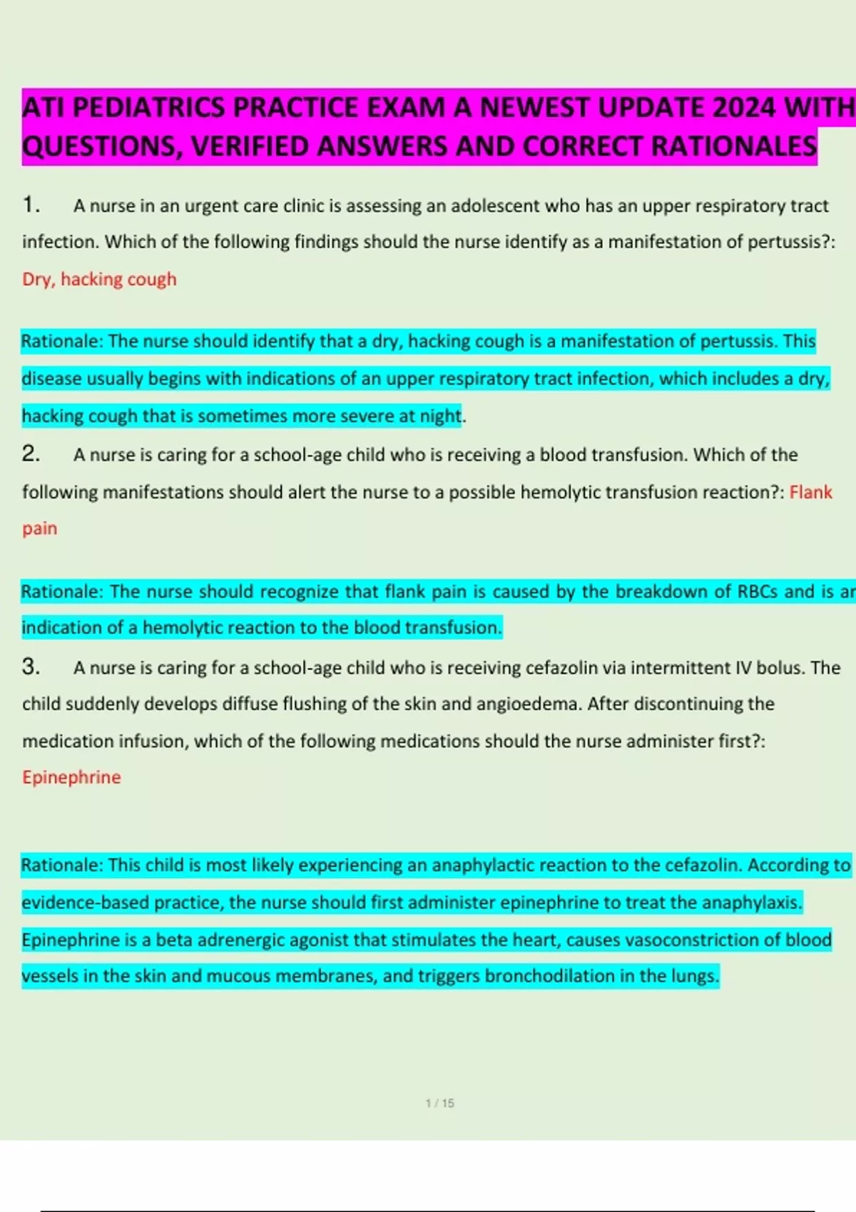ATI PEDIATRICS PRACTICE EXAM A NEWEST UPDATE 2024 WITH QUESTIONS ...
