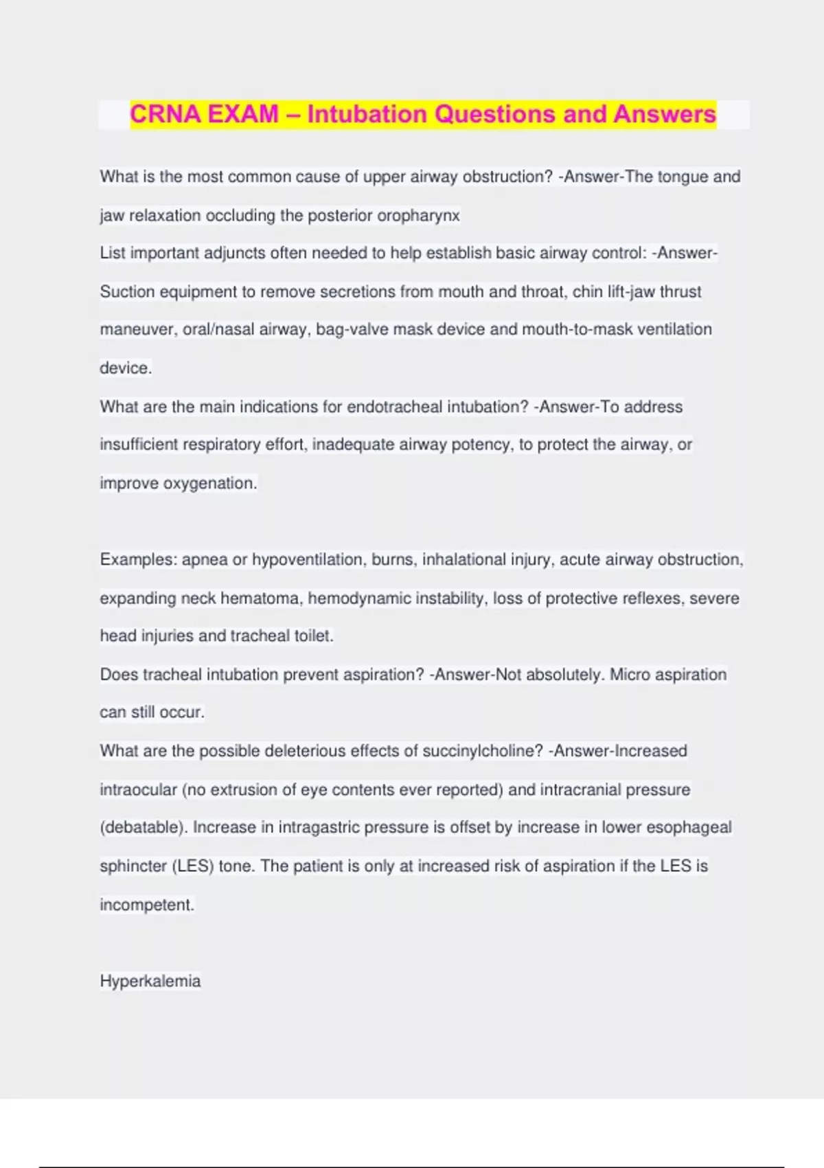 CRNA EXAM – Intubation Questions and Answers - CRNA - Stuvia US