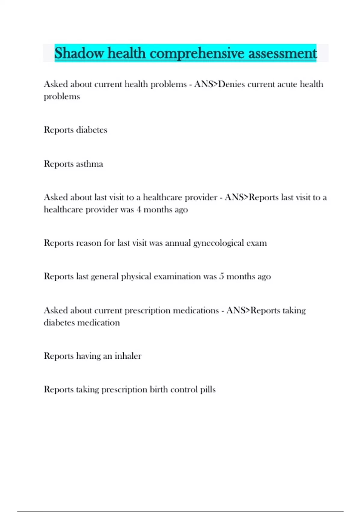 Shadow health comprehensive assessment Real exam question and answers ...