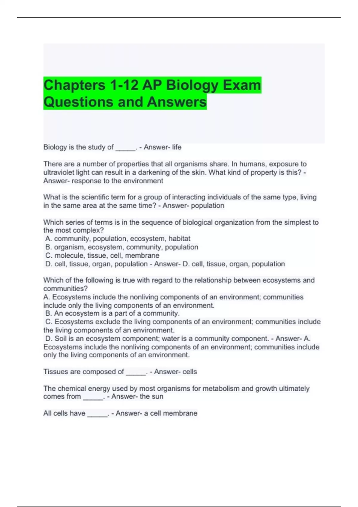Chapters 1-12 AP Biology Exam Questions and Answers (Graded A) - AP Biology - Stuvia US