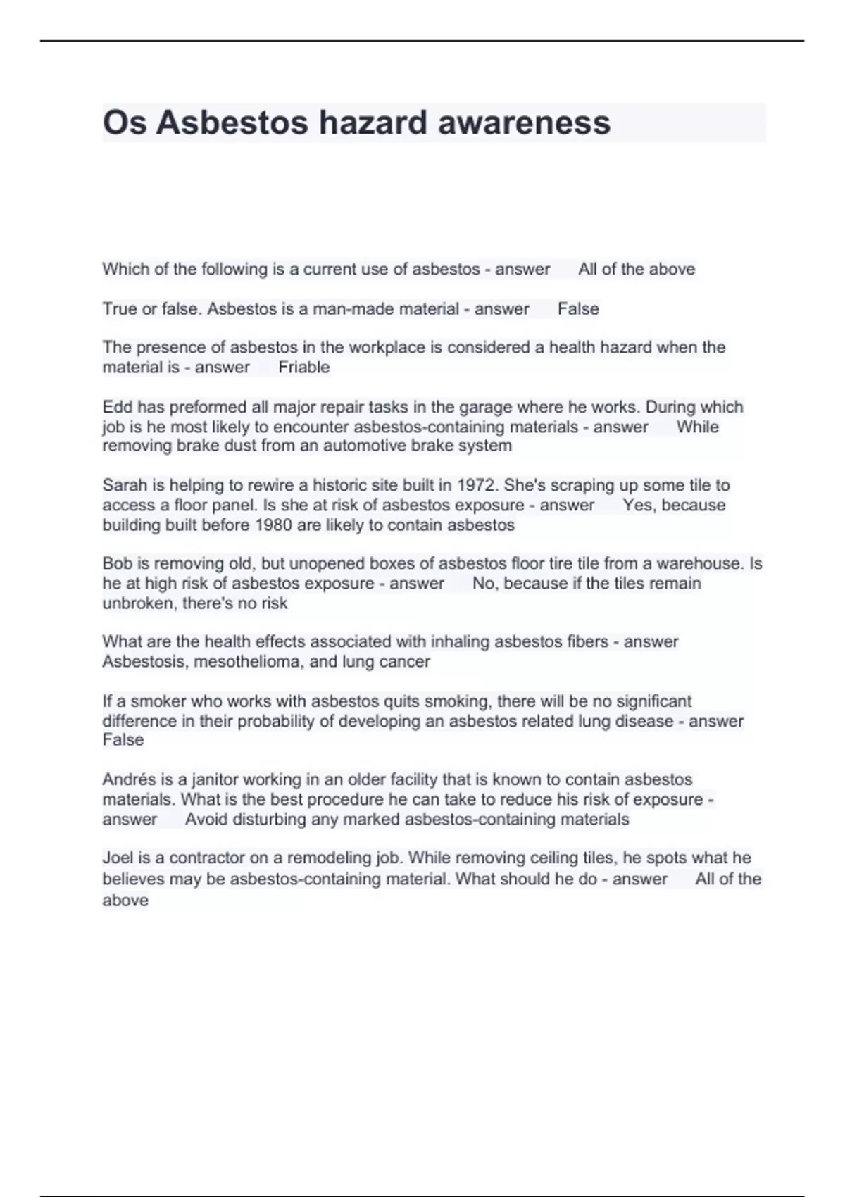 Os Asbestos hazard awareness Questions and Answers 2024 - Asbestos ...