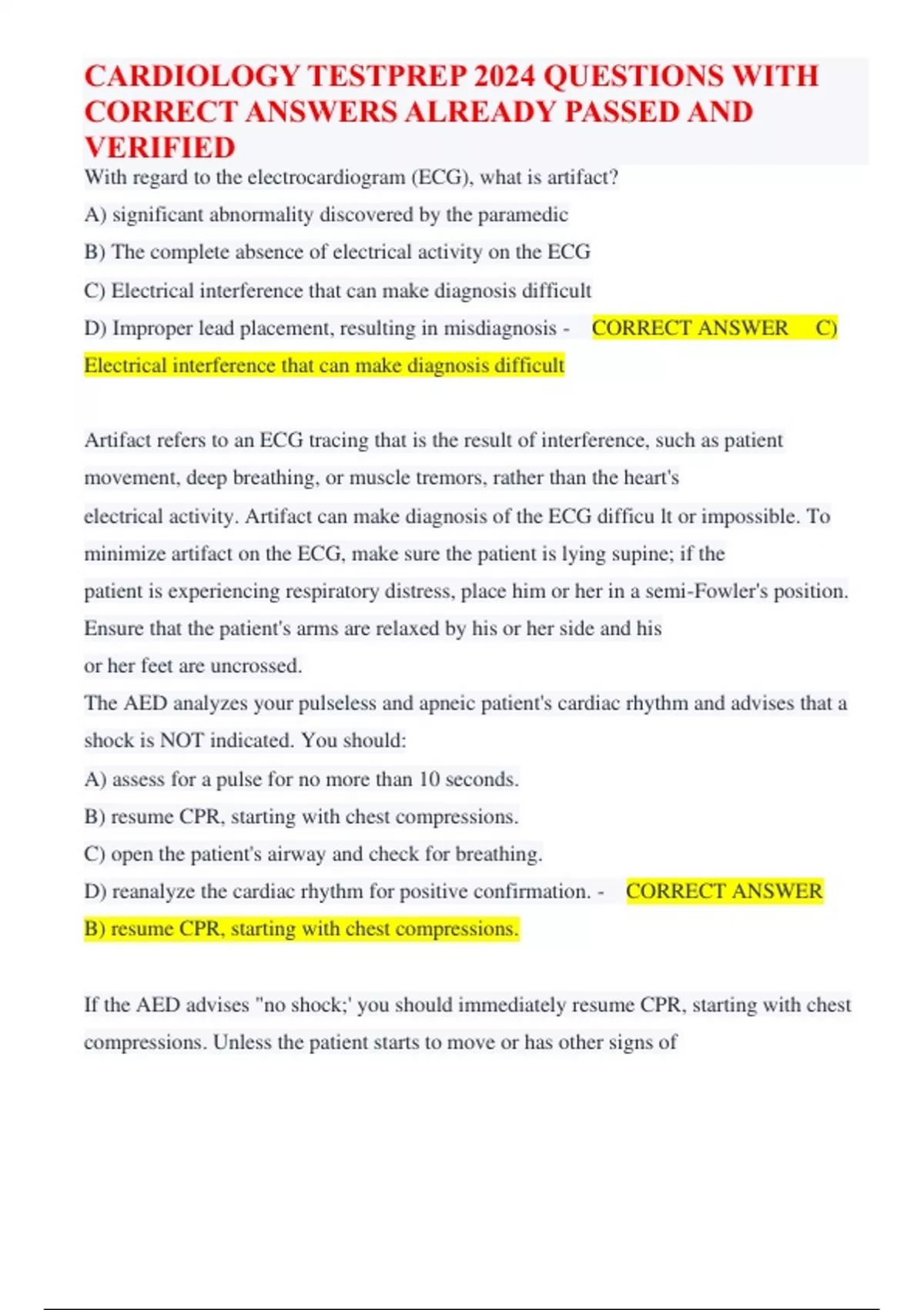 CARDIOLOGY TESTPREP 2024 QUESTIONS WITH CORRECT ANSWERS ALREADY PASSED ...