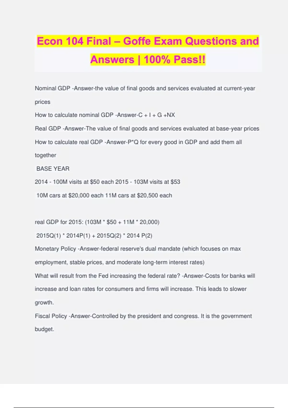 Econ 104 Final – Goffe Exam Questions and Answers | 100% Pass!! - PSU Econ 104 - Stuvia US