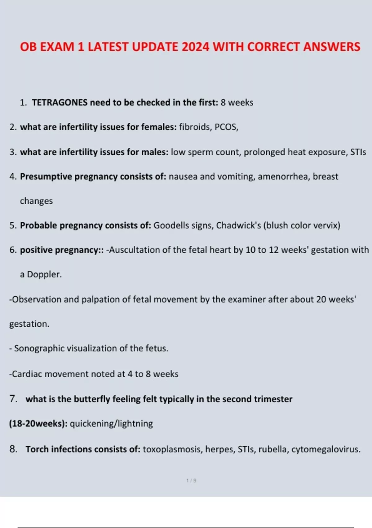 OB EXAM 1 LATEST UPDATE 2024 WITH CORRECT ANSWERS - Ob - Stuvia US