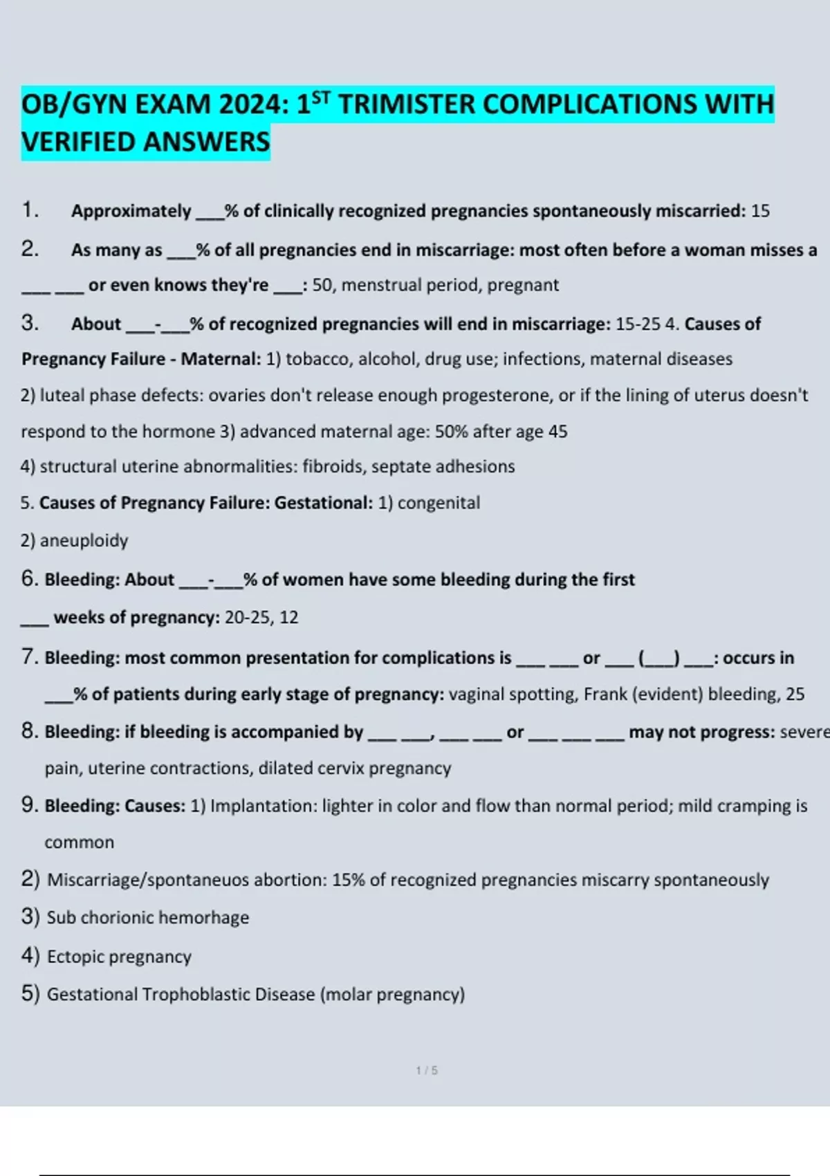 OB GYN EXAM 2024 1ST TRIMISTER COMPLICATIONS WITH VERIFIED ANSWERS - Ob ...