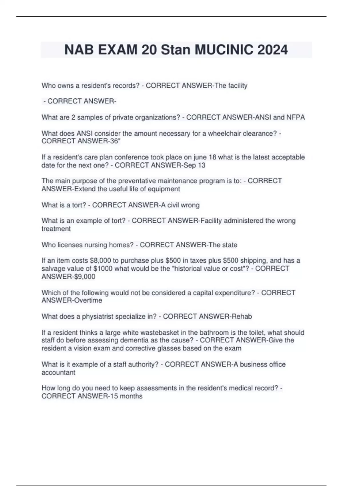 NAB EXAM 20 Stan MUCINIC 2024 - Nab - Stuvia US