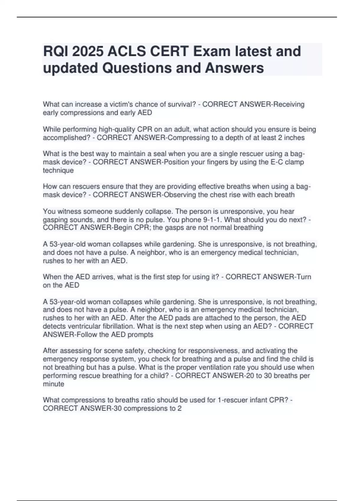 RQI 2025 ACLS CERT Exam latest and updated Questions and Answers - RQI ...