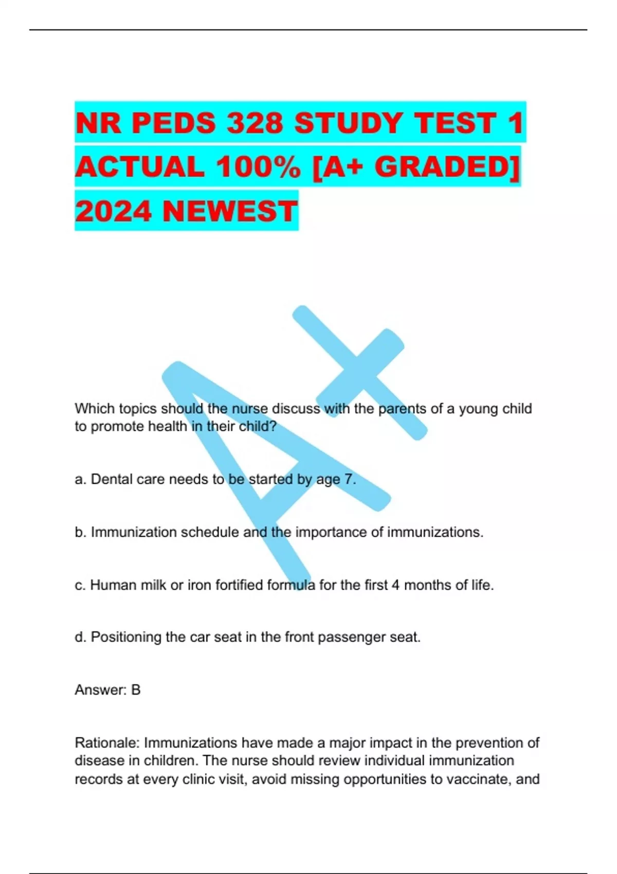 NR PEDS 328 STUDY TEST 1 ACTUAL 100% [A+ GRADED] 2024 NEWEST - NR PEDS ...