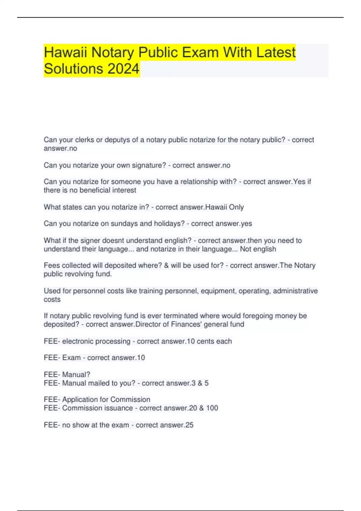 Hawaii Notary Public Exam With Latest Solutions 2024 - Hawaii Notary ...