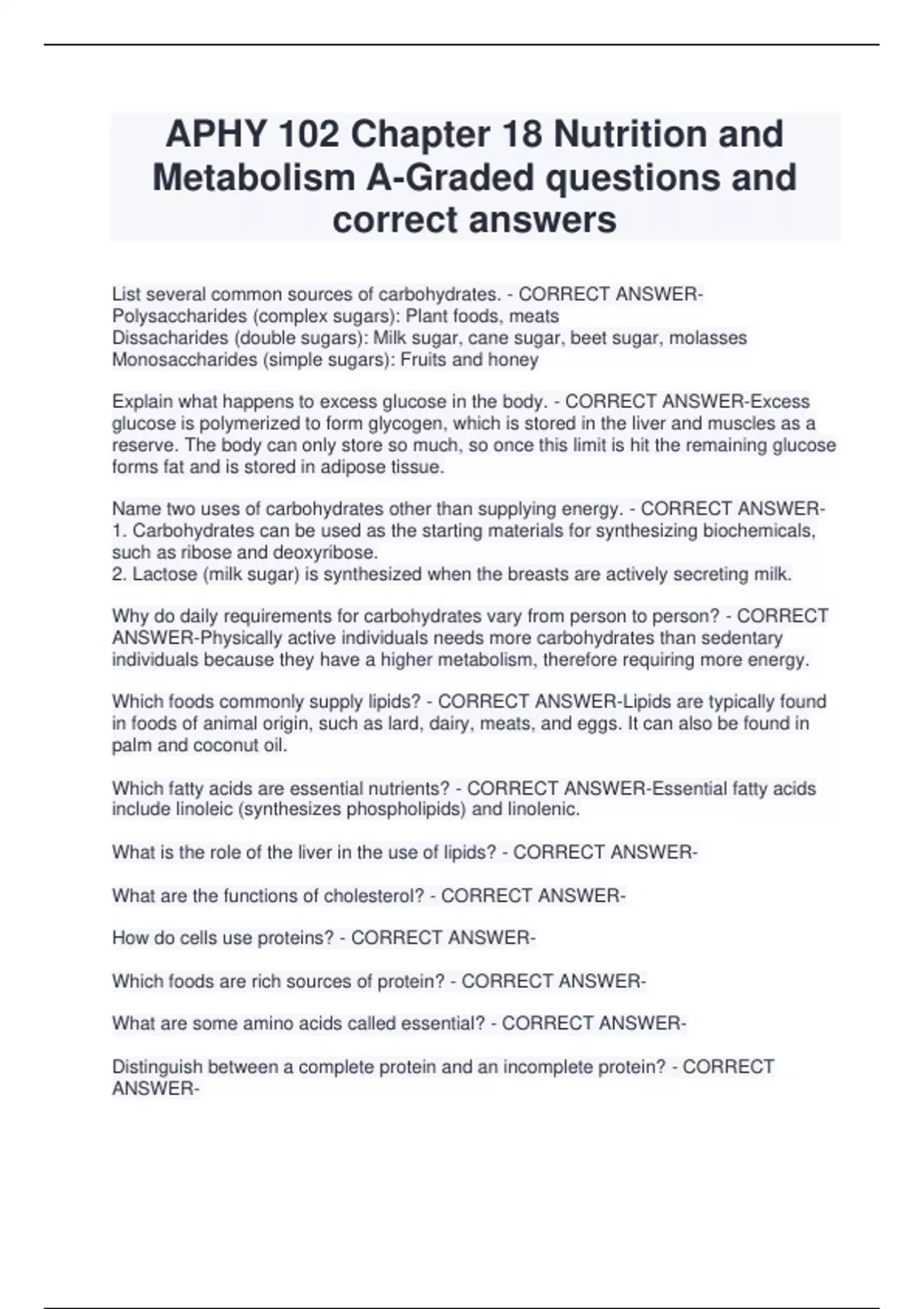 APHY 102 Chapter 18 Nutrition and Metabolism A-Graded questions and ...