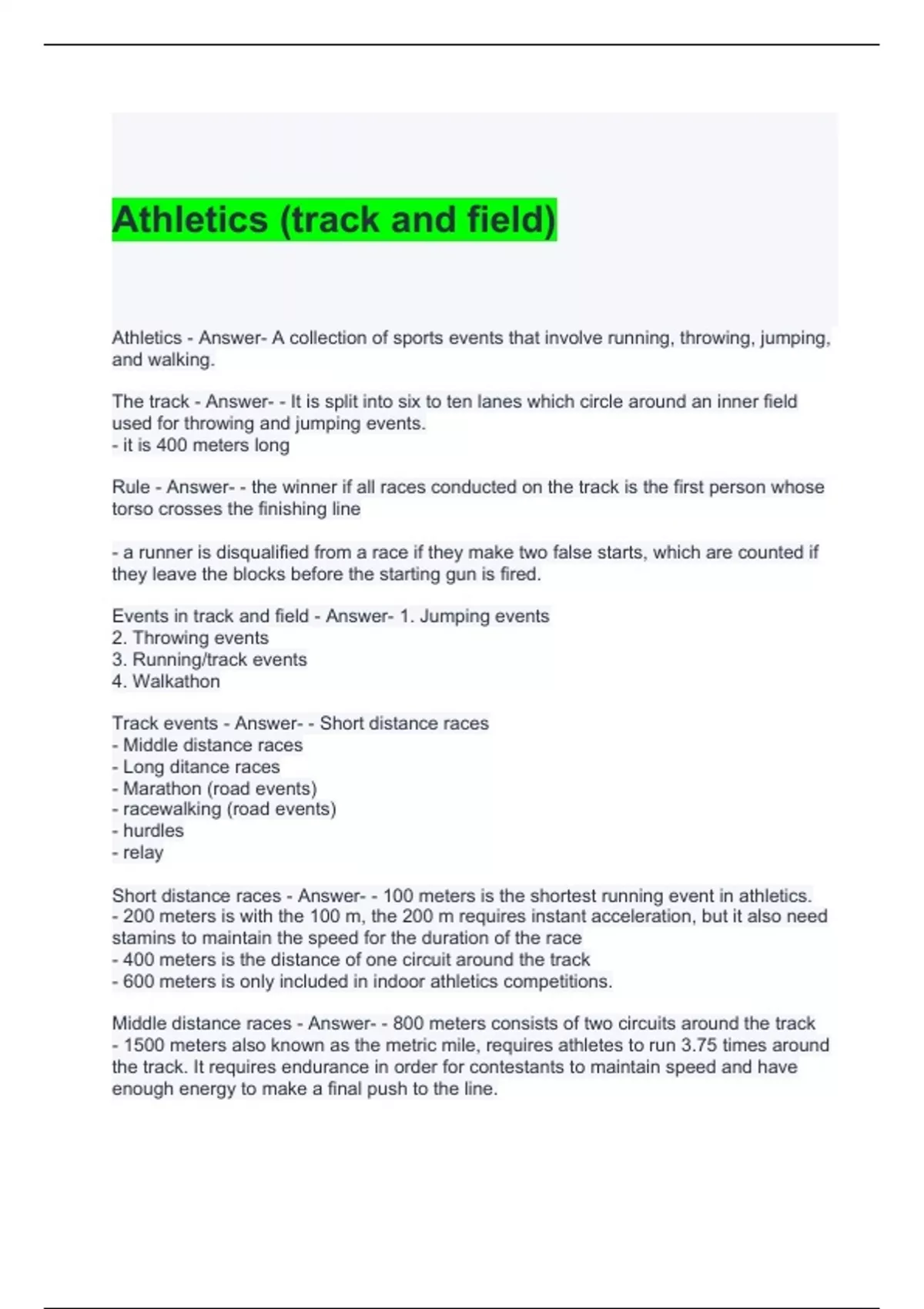 Athletics (track and field) Exam Questions with correct Answers - Track ...