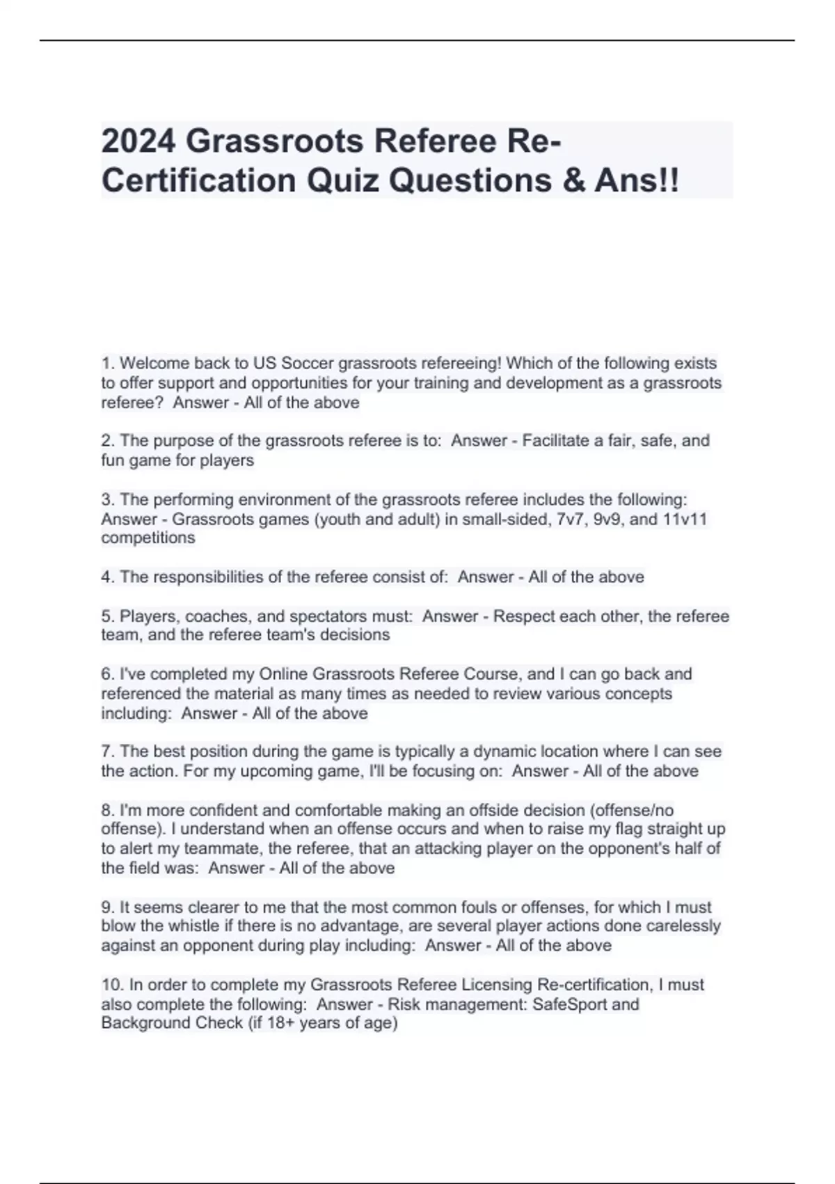 2024 Grassroots Referee Re-Certification Quiz Questions & Ans!! - US ...