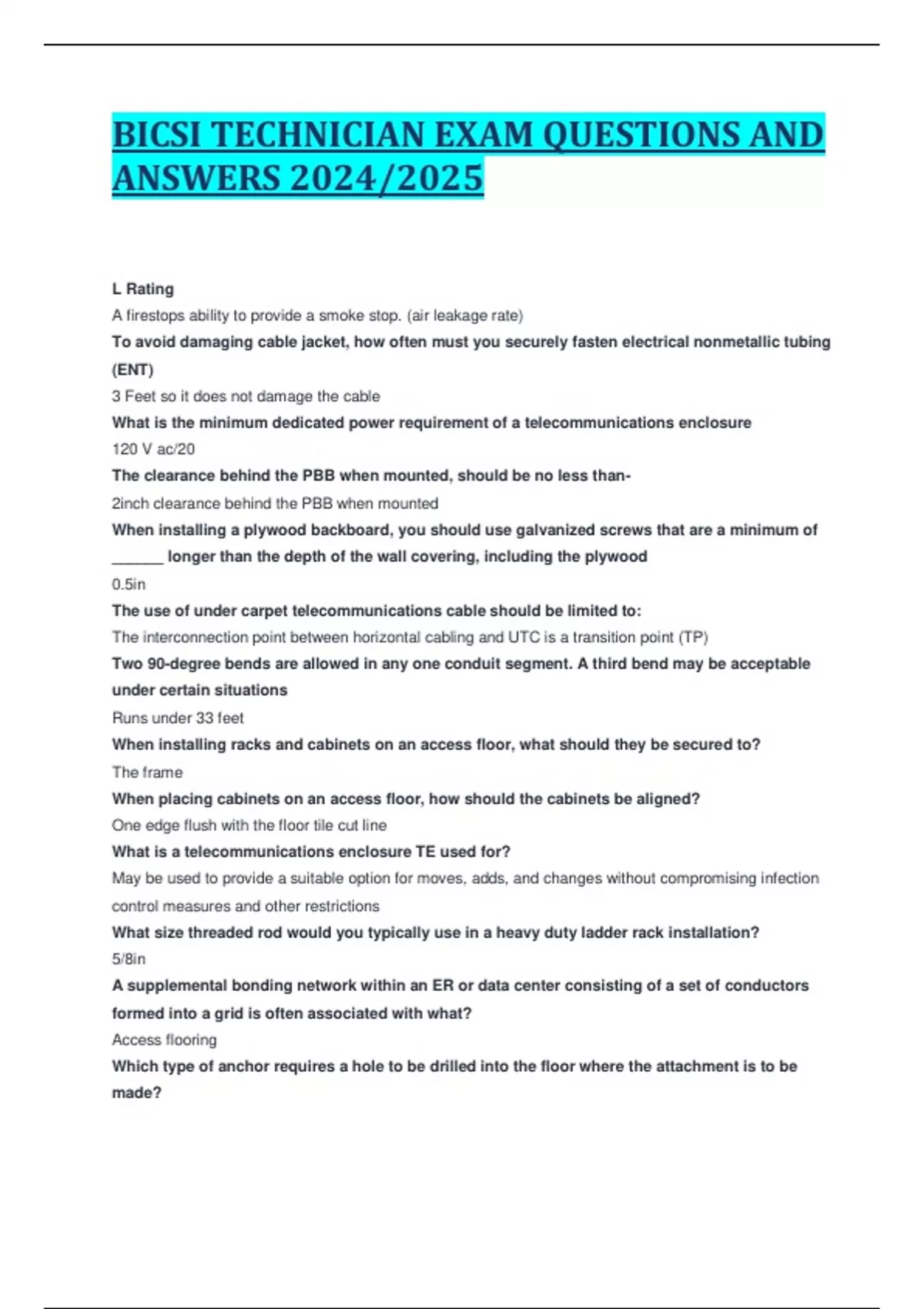BICSI TECHNICIAN EXAM QUESTIONS AND ANSWERS 2024/2025 - BICSI - Stuvia US