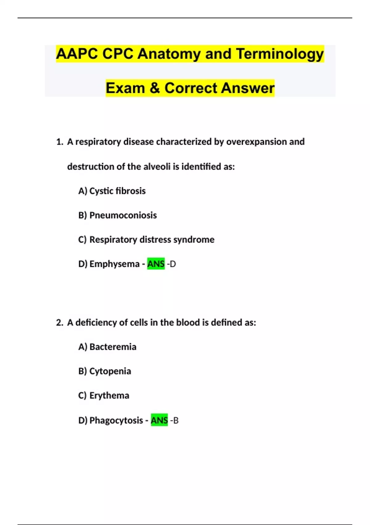AAPC CPC Anatomy and Terminology Exam - AAPC CPC - Stuvia US