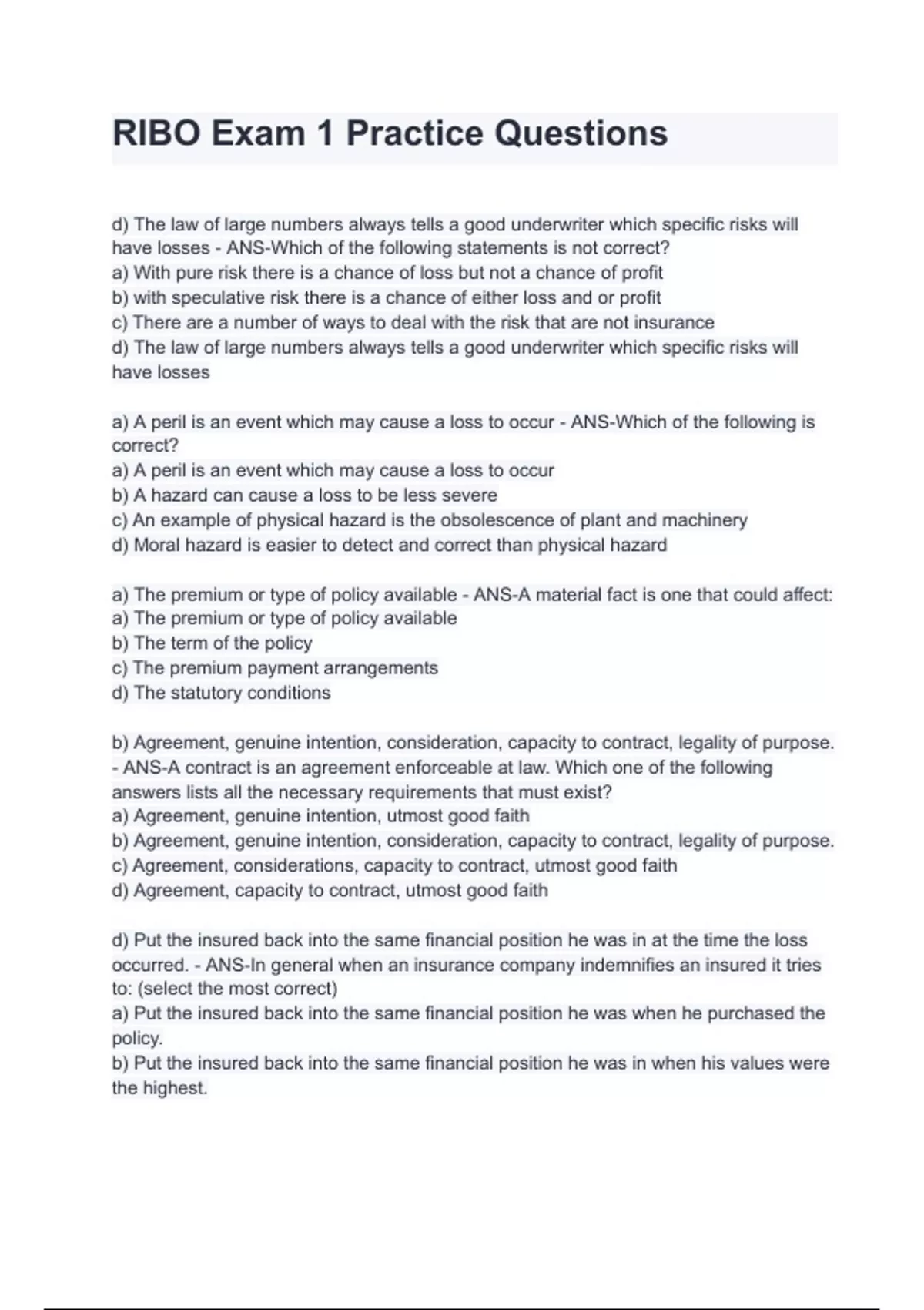 RIBO Exam 1 Practice Questions with complete solution - RIBO - AUTO ...