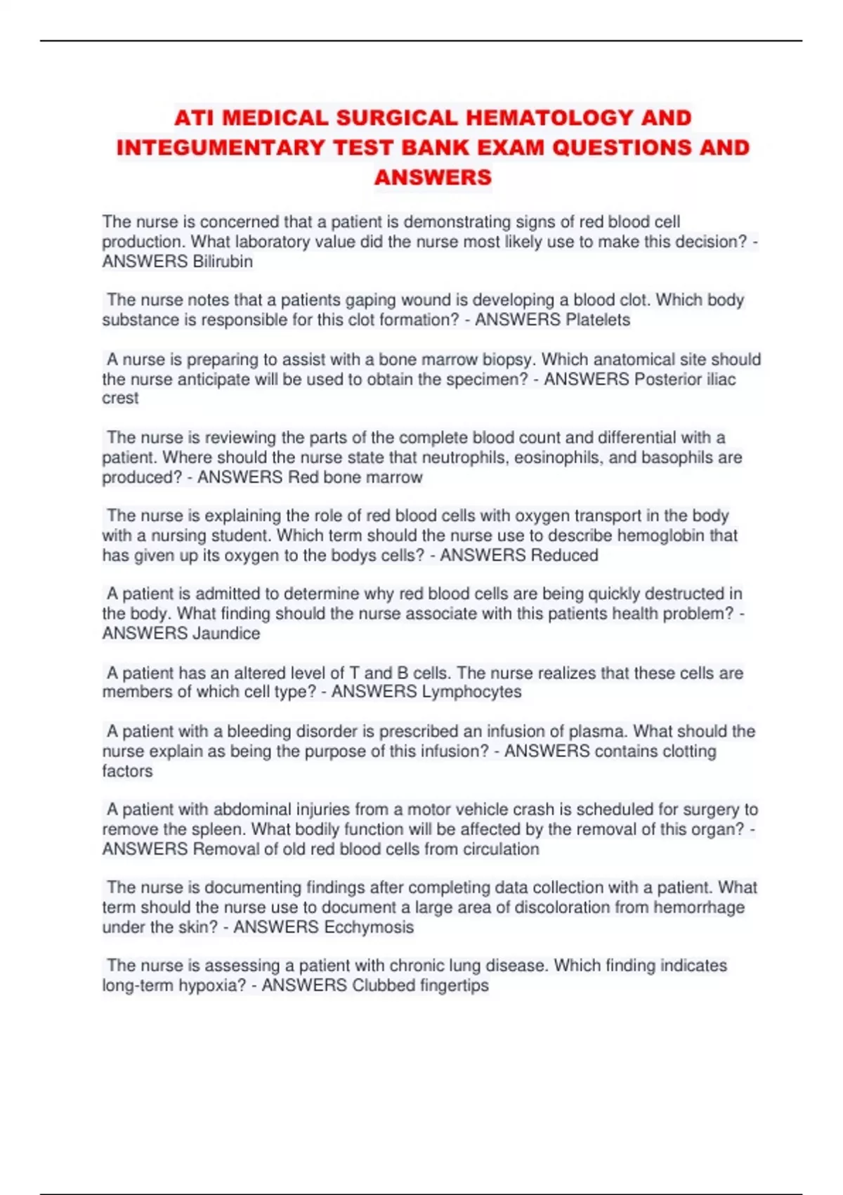 ATI MEDICAL SURGICAL HEMATOLOGY AND INTEGUMENTARY TEST BANK EXAM ...