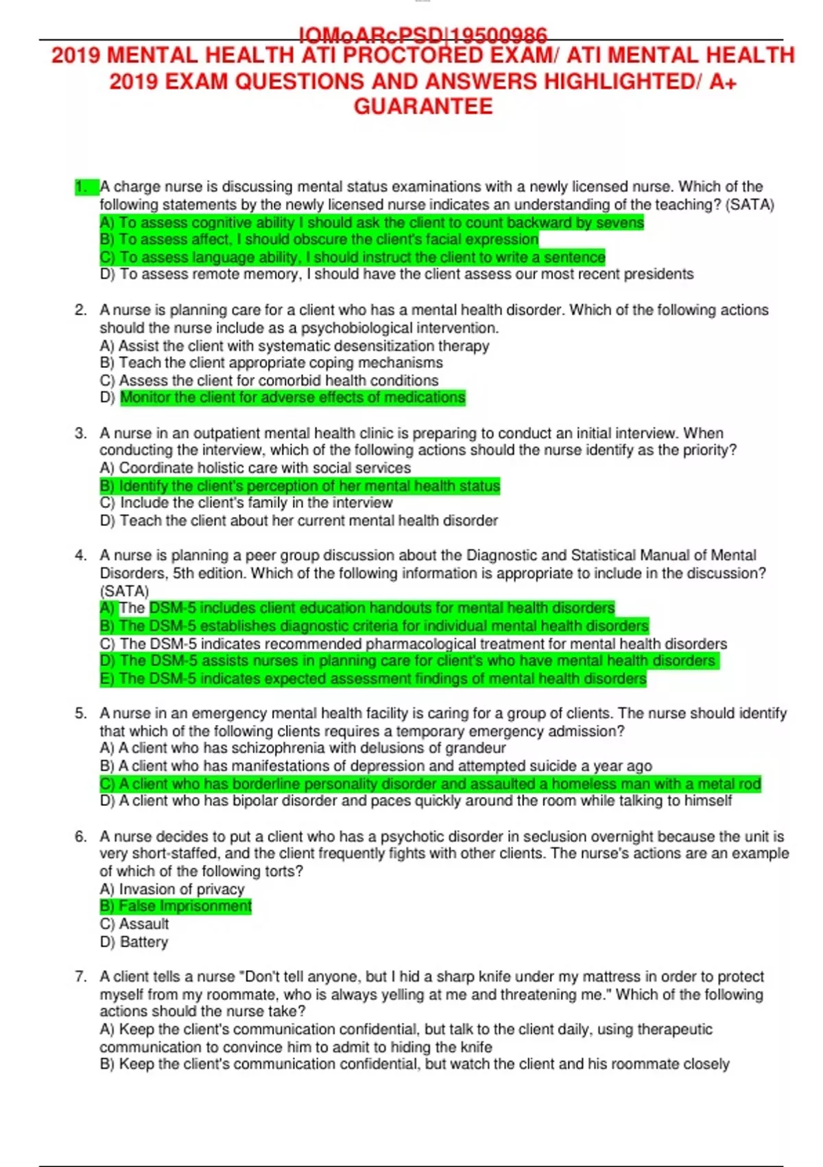 lOMoARcPSD| MENTAL HEALTH ATI PROCTORED EXAM/ ATI MENTAL HEALTH 2019 ...