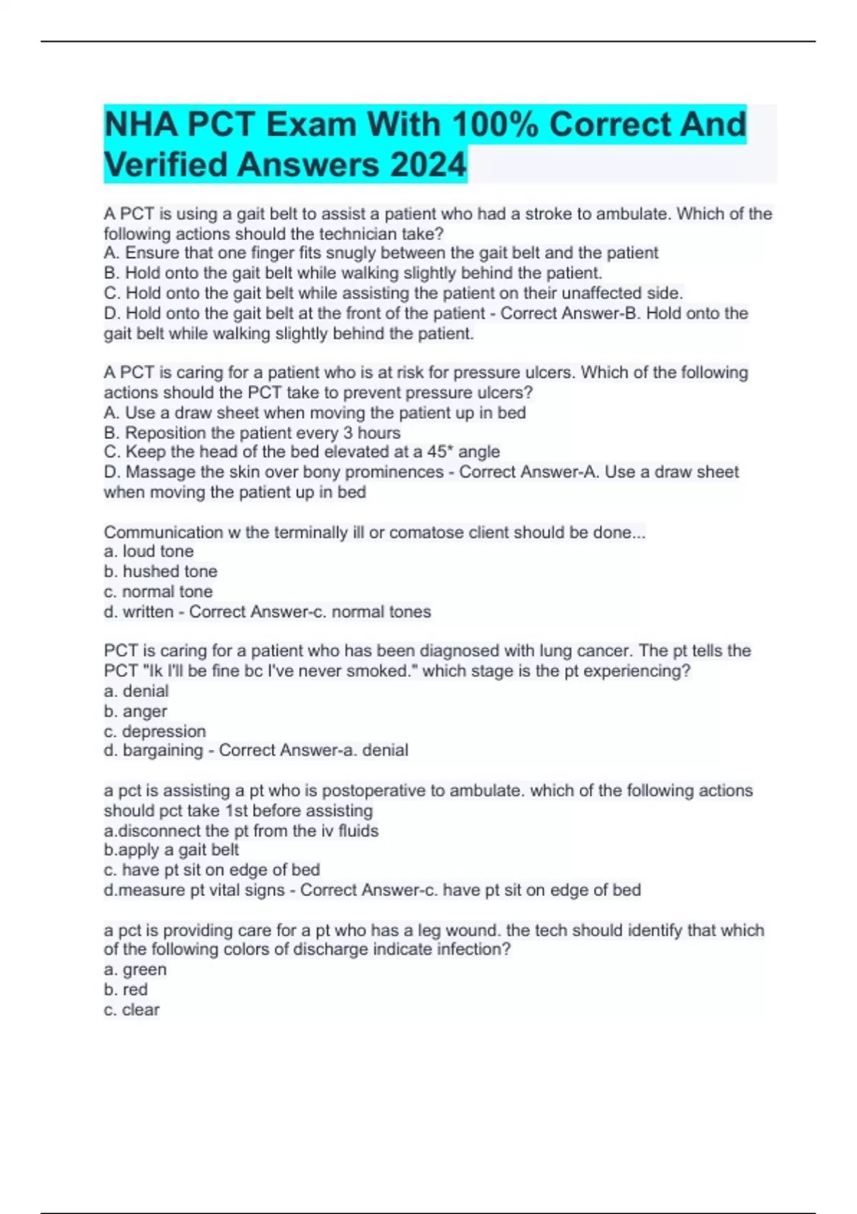 NHA PCT Exam With 100% Correct And Verified Answers 2024 - NHA PCT ...