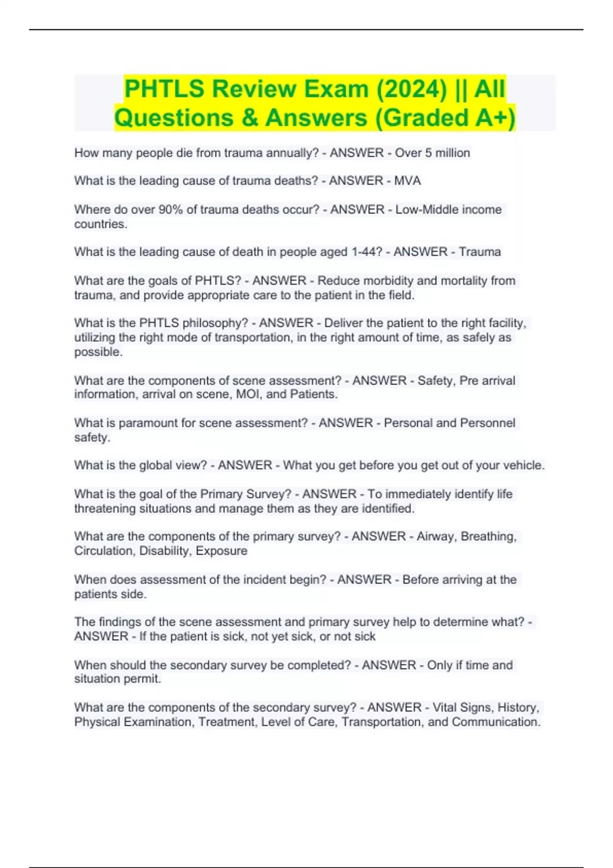 Prehospital Trauma Life Support (PHTLS) Review Test BUNDLE (Package ...