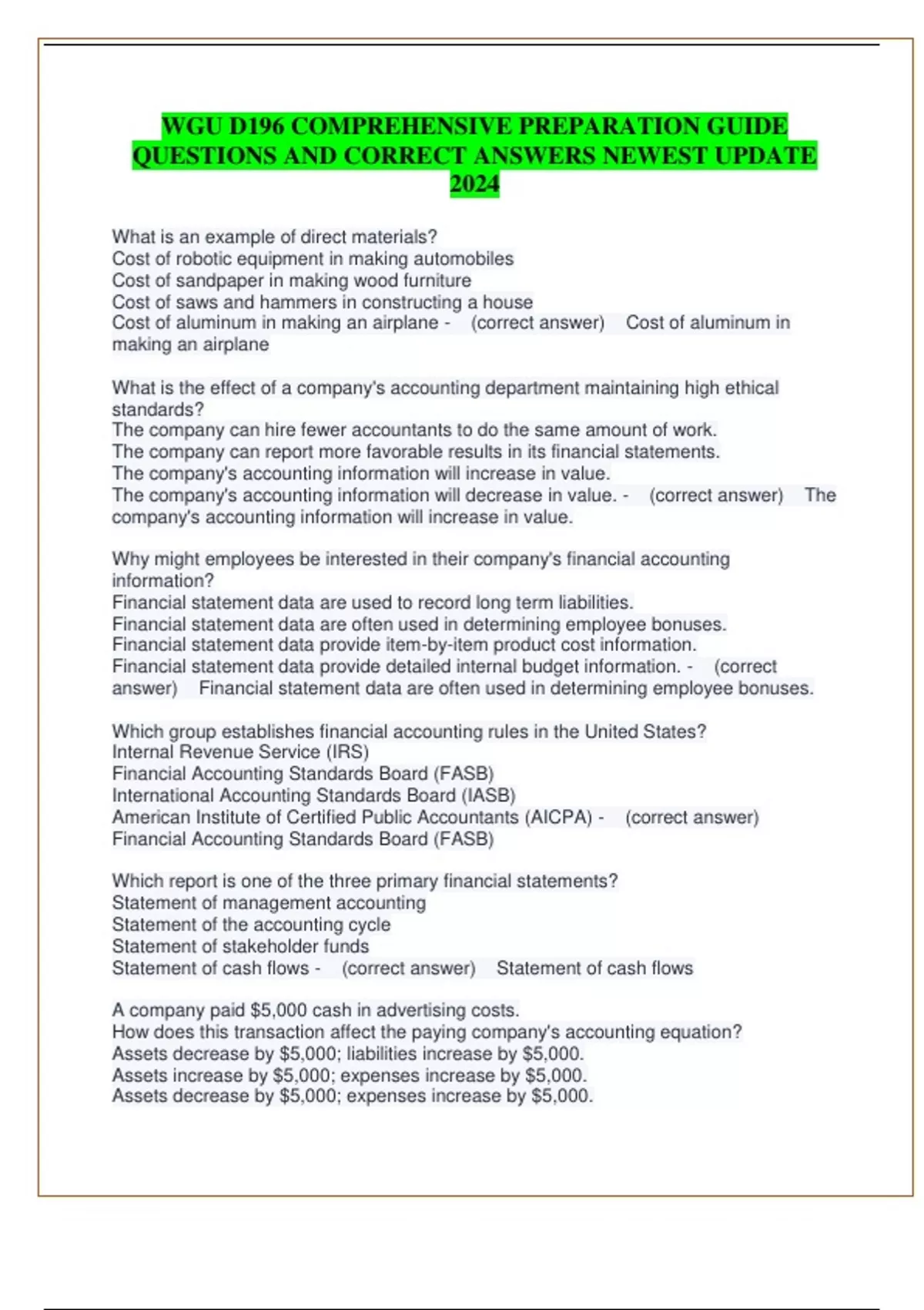WGU D196 COMPREHENSIVE PREPARATION GUIDE QUESTIONS AND CORRECT ANSWERS ...