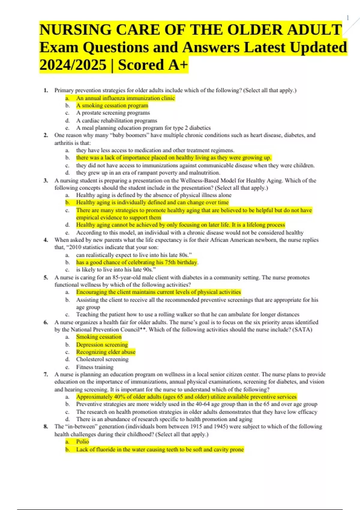 NURSING CARE OF THE OLDER ADULT Exam Questions and Answers Latest ...