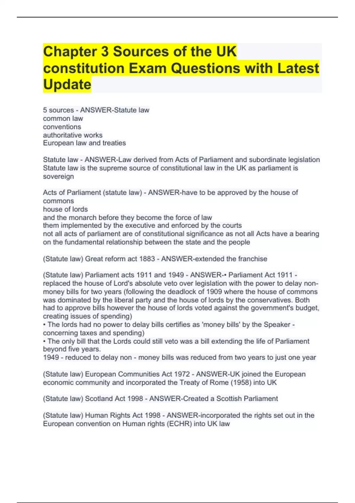 Chapter 3 Sources of the UK constitution Exam Questions with Latest ...