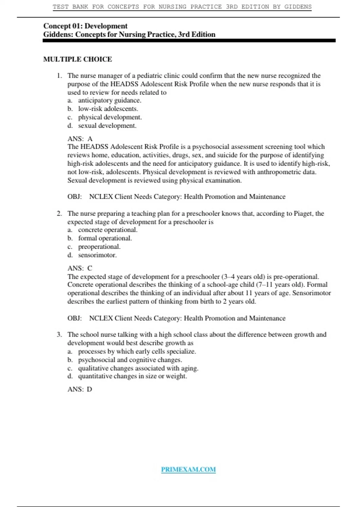 TEST BANK FOR CONCEPTS FOR NURSING PRACTICE 3RD EDITION BY GIDDENS ...