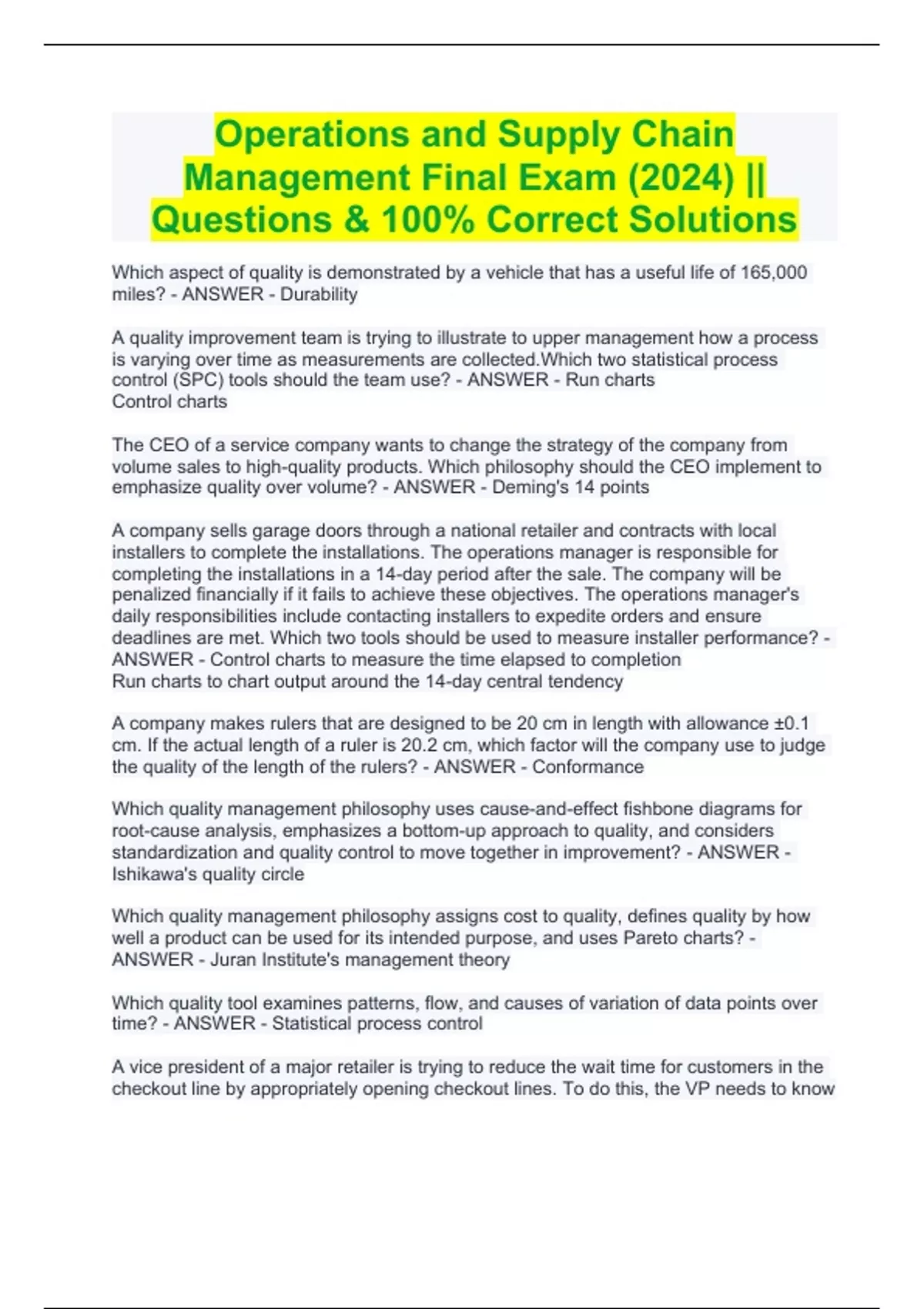 Operations and Supply Chain Management Final Exam (2024) || Questions & 100% Correct Solutions ...