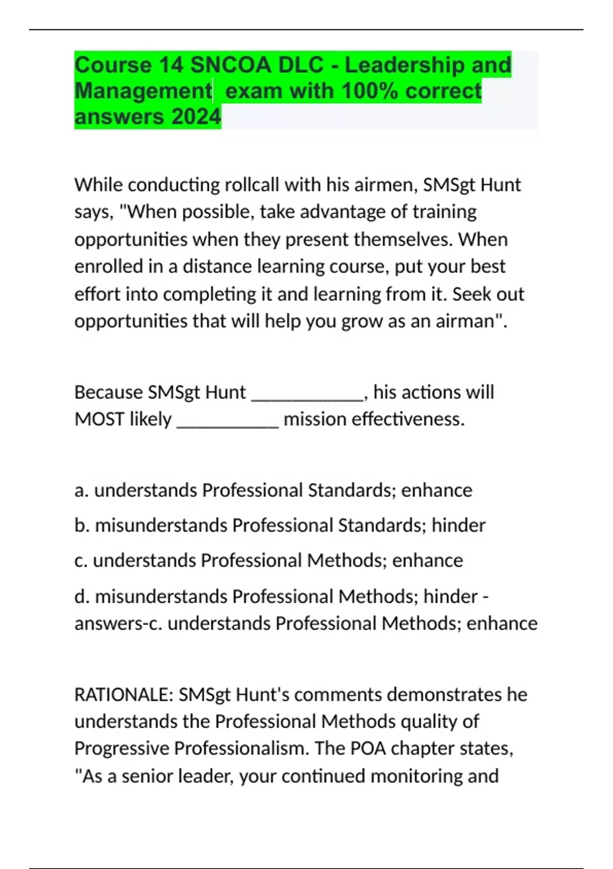 Course 14 SNCOA DLC - Leadership and Management exam with 100% correct ...