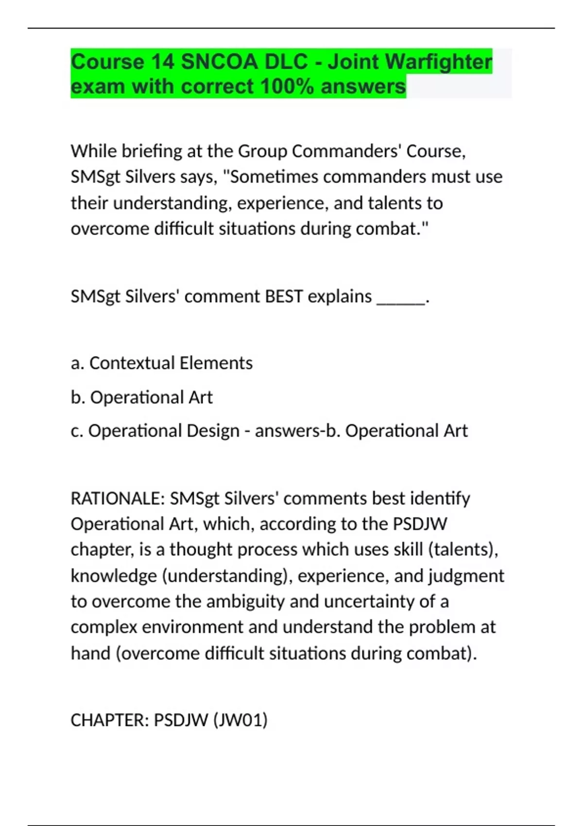 Course 14 SNCOA DLC - Joint Warfighter exam with correct 100% answers ...
