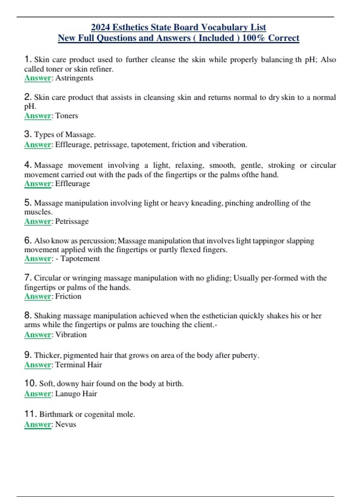 2024 Esthetics State Board Vocabulary List New Full Questions and ...