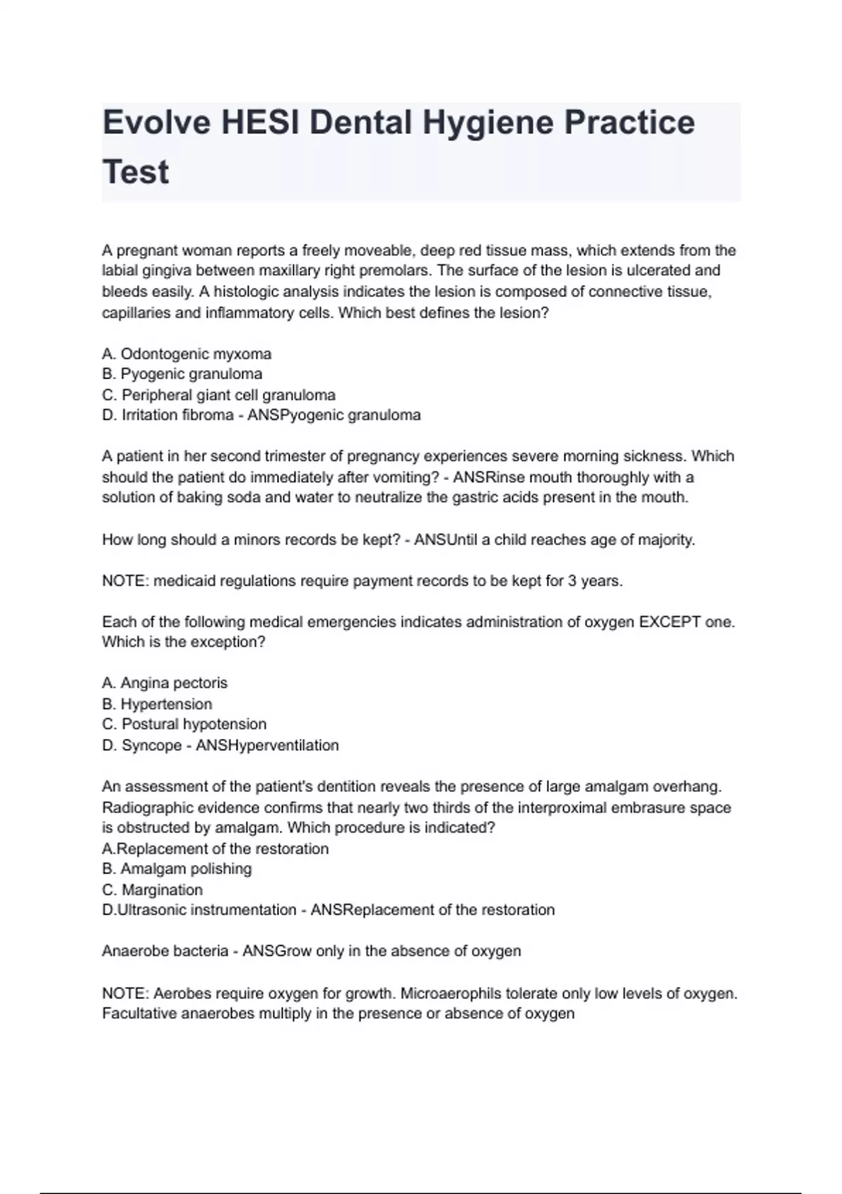 Evolve HESI Dental Hygiene Practice Test NEWEST 2026/2027 ACTUAL EXAM ...
